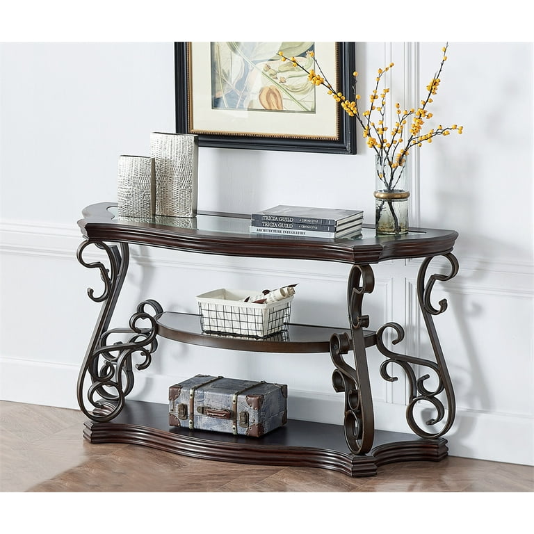 Sofa Table 3 Tier Side Table with Glass Table Top and Marble Paper Middle Shelf Modern Console Table with Serpentine Metal Legs Multifunctional