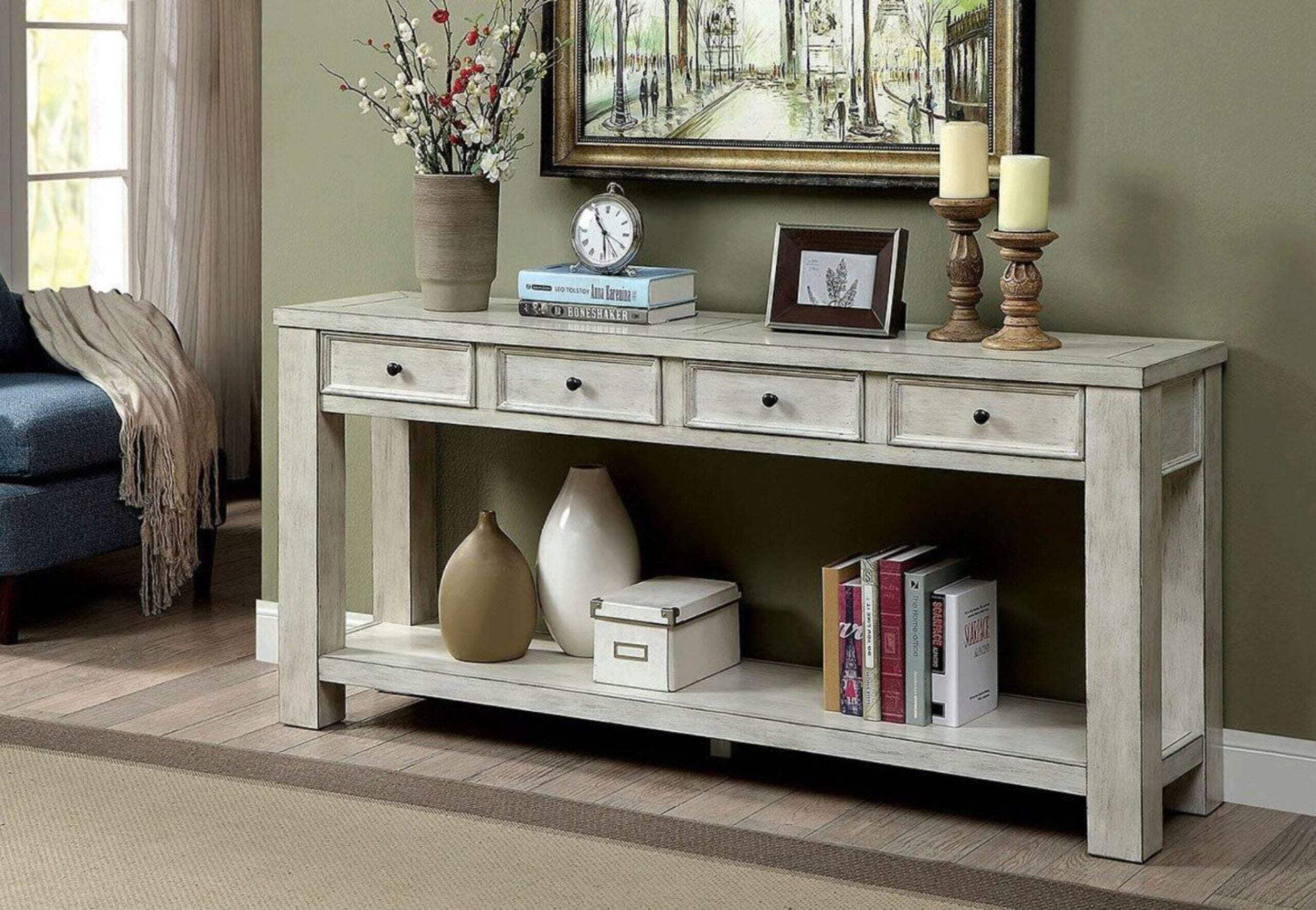 Sofa Table Antique White Rustic Solid Wood Storage Table Open Shelf Bottom Living Room 1Pc Side ...