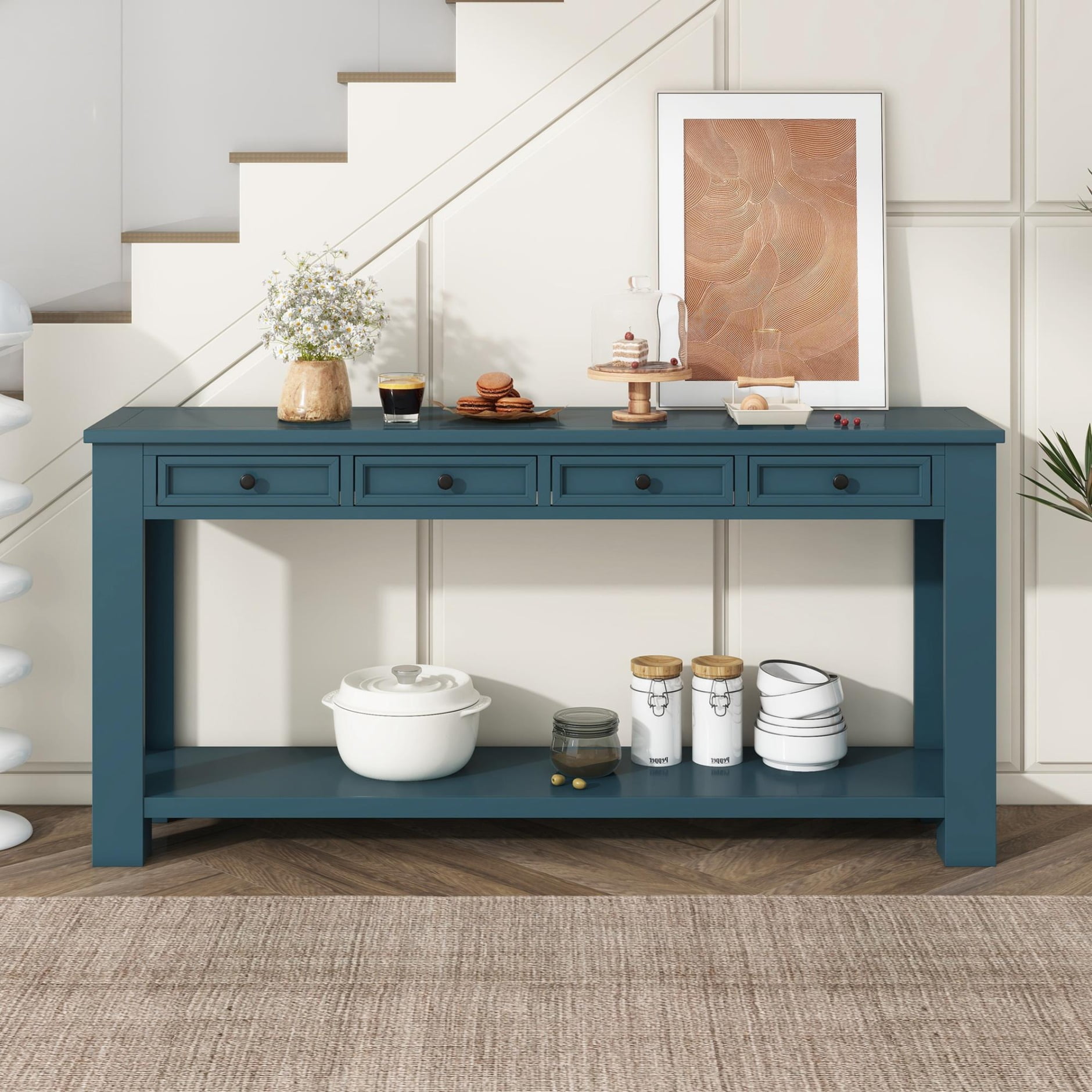 Sofa Table, Farmhouse Console Table with 4 Drawer, 63" Long Rustic ...
