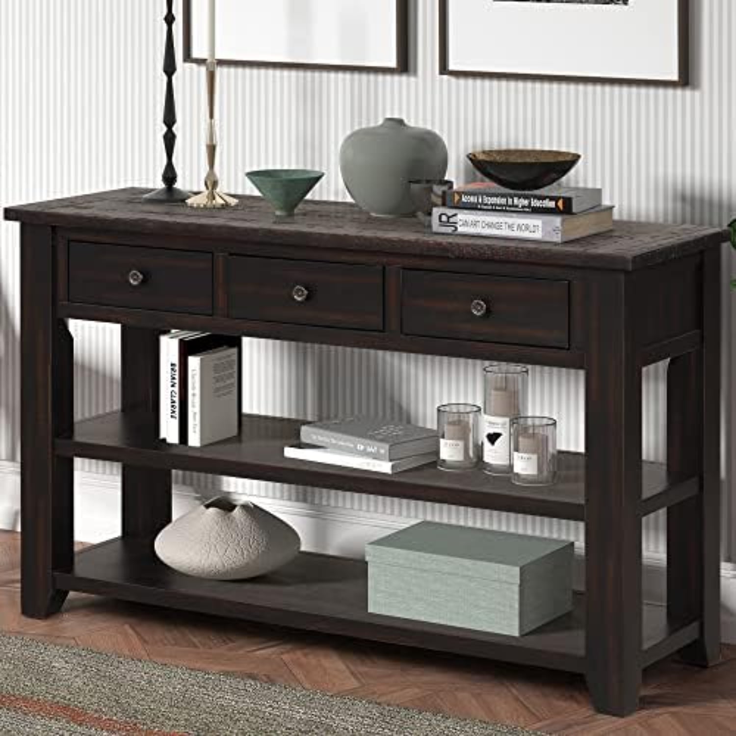 Sofa Table Retro Style Console Table with 3 Drawers and 2 Shelves Wood ...
