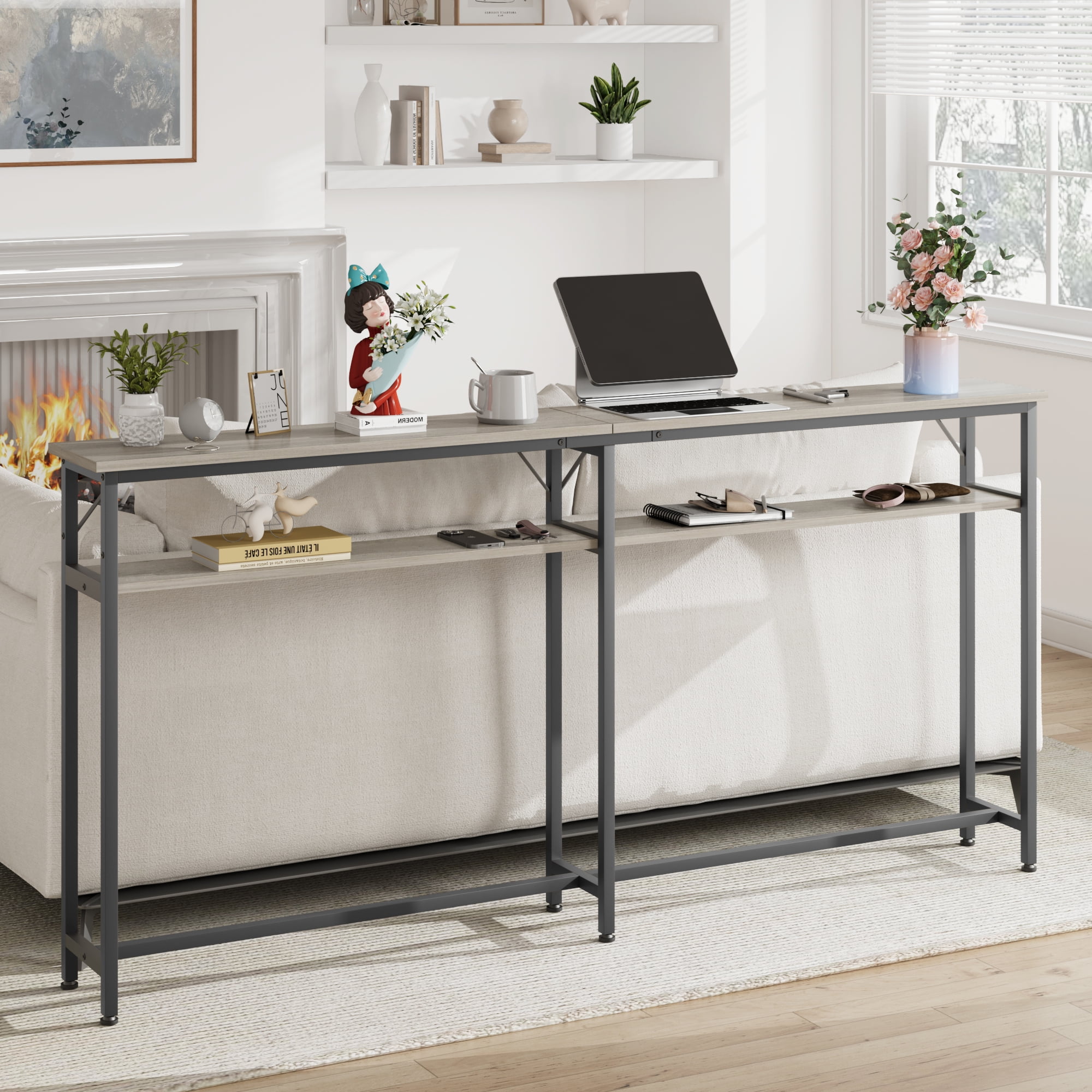 Sofa Tables Narrow Long, 2 Tier Grey Console Table with Storage,70.8 ...