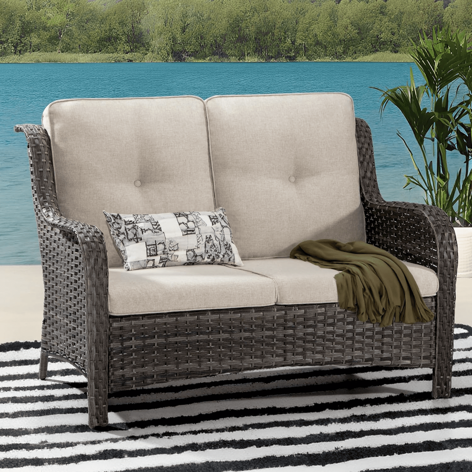Sofa Wicker 2-Seat Outdoor Couch with Deep High Back Steel Frame and ...