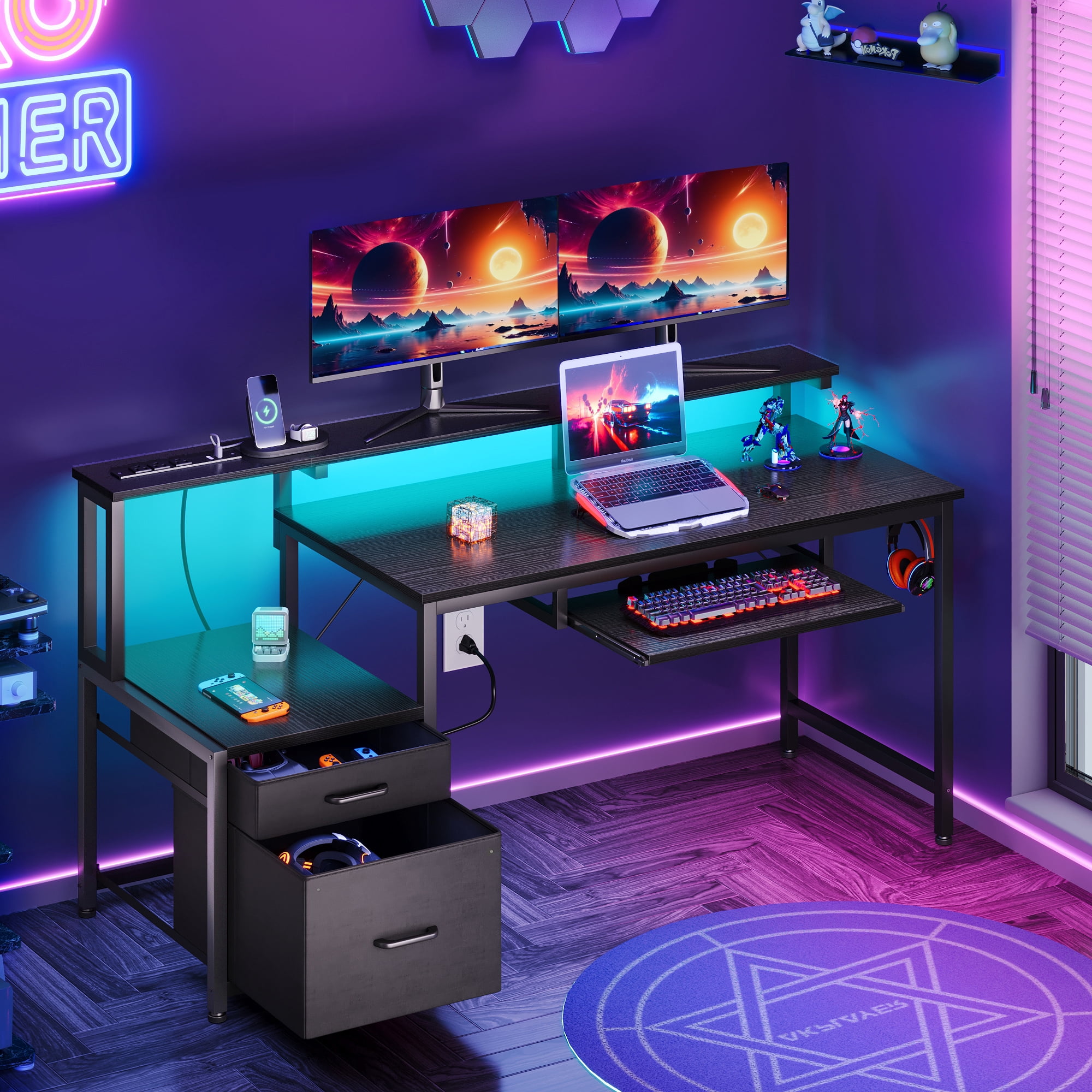 Sofanext 55-Inch Computer Desk with Power Outlets & LED Light ...