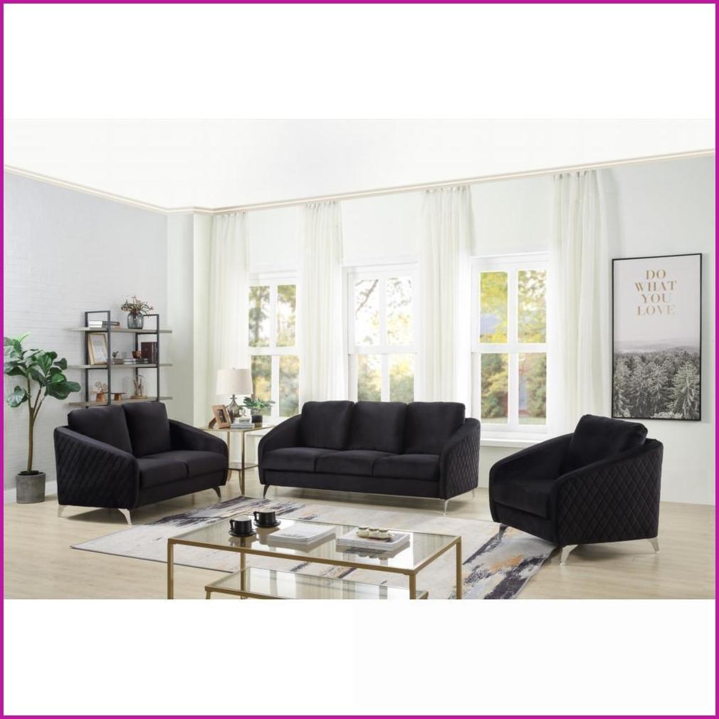 Sofia 3-Piece Black Velvet Living Room Sofa Set | Chrome Metal Legs ...