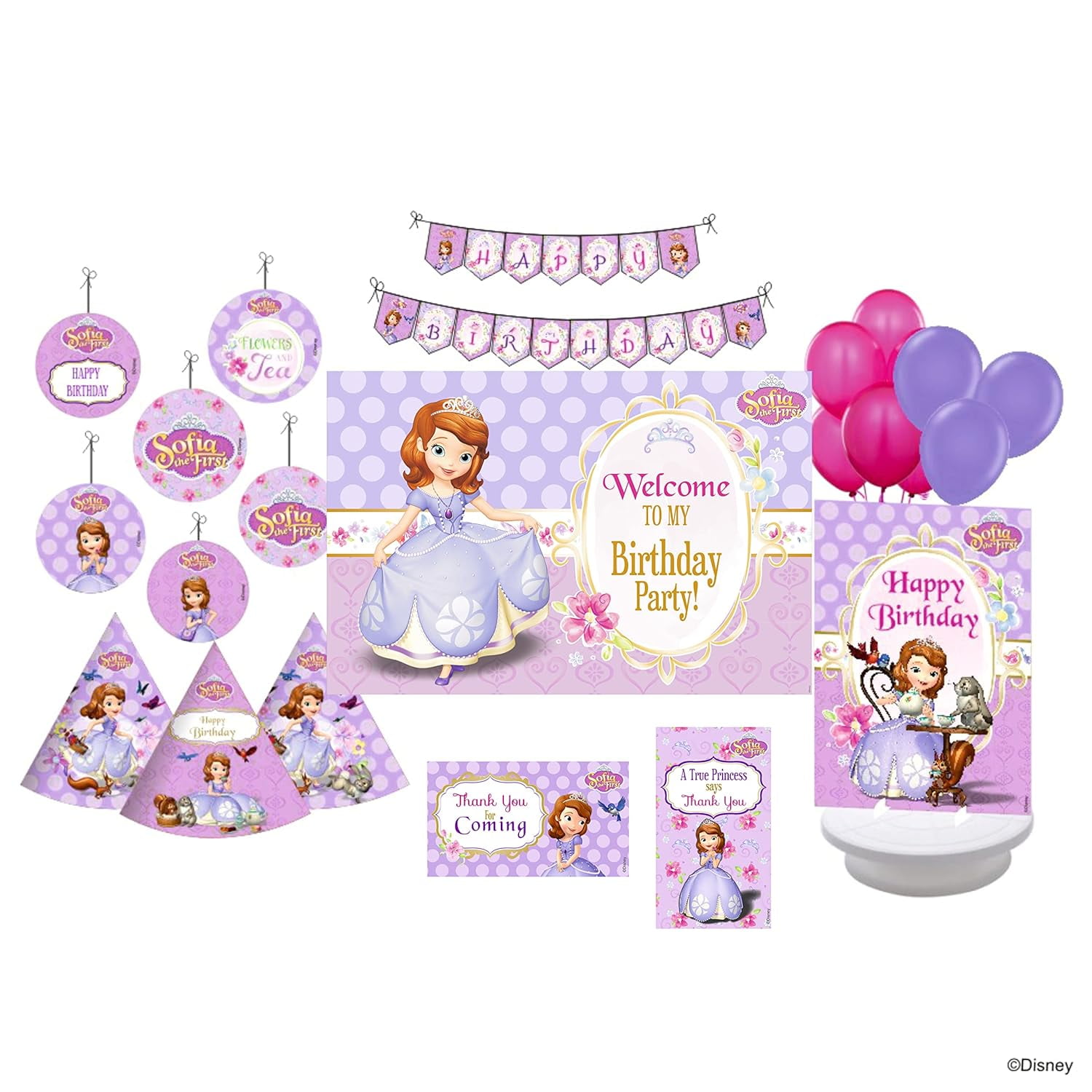 Sofia The First Party Decorations Kit - 80 Pcs Includes Paper Banner, Balloons, Thank You ...