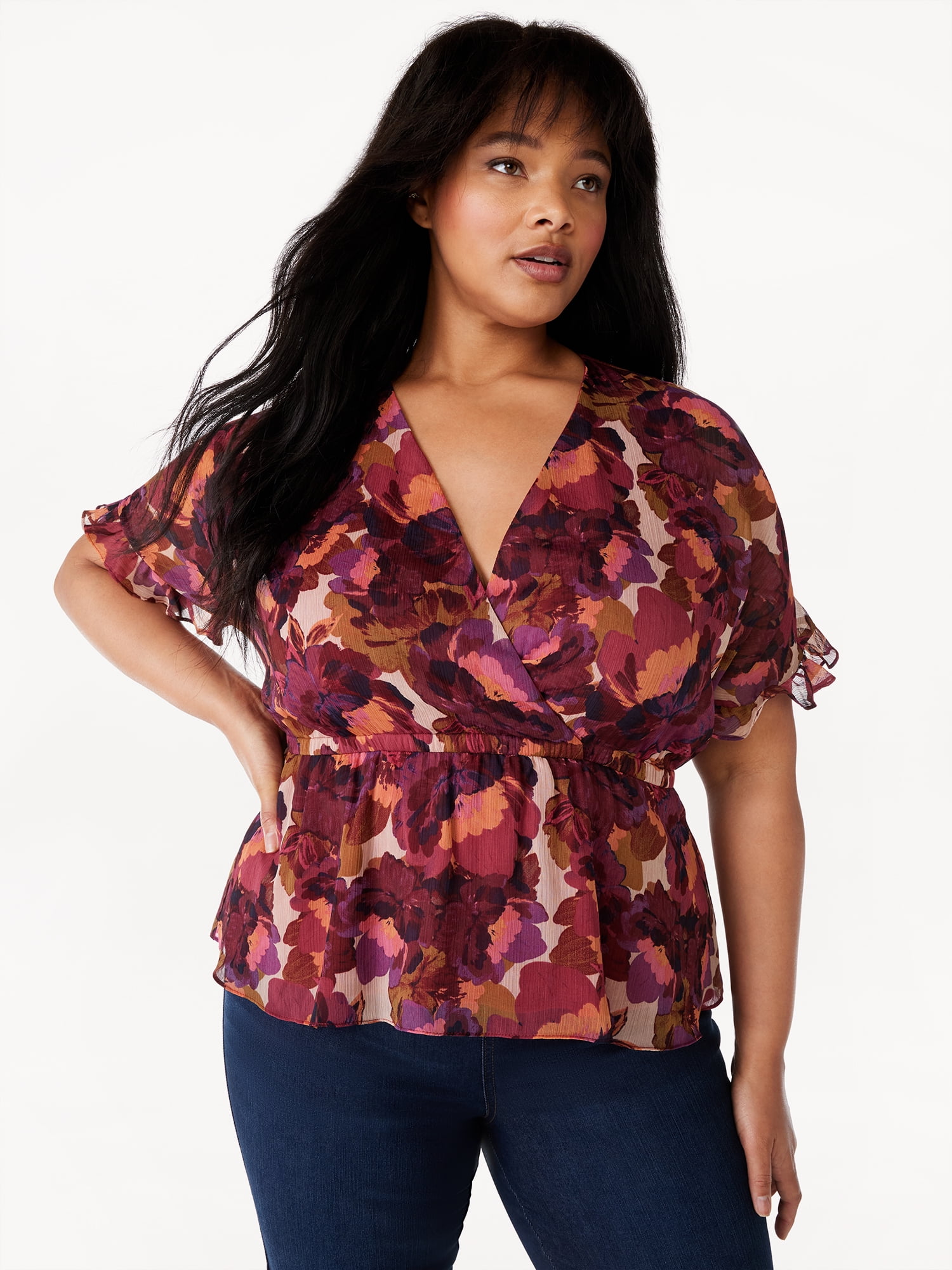 Sofia Jeans Women's Plus Size Faux Wrap Blouse with Short Sleeves ...