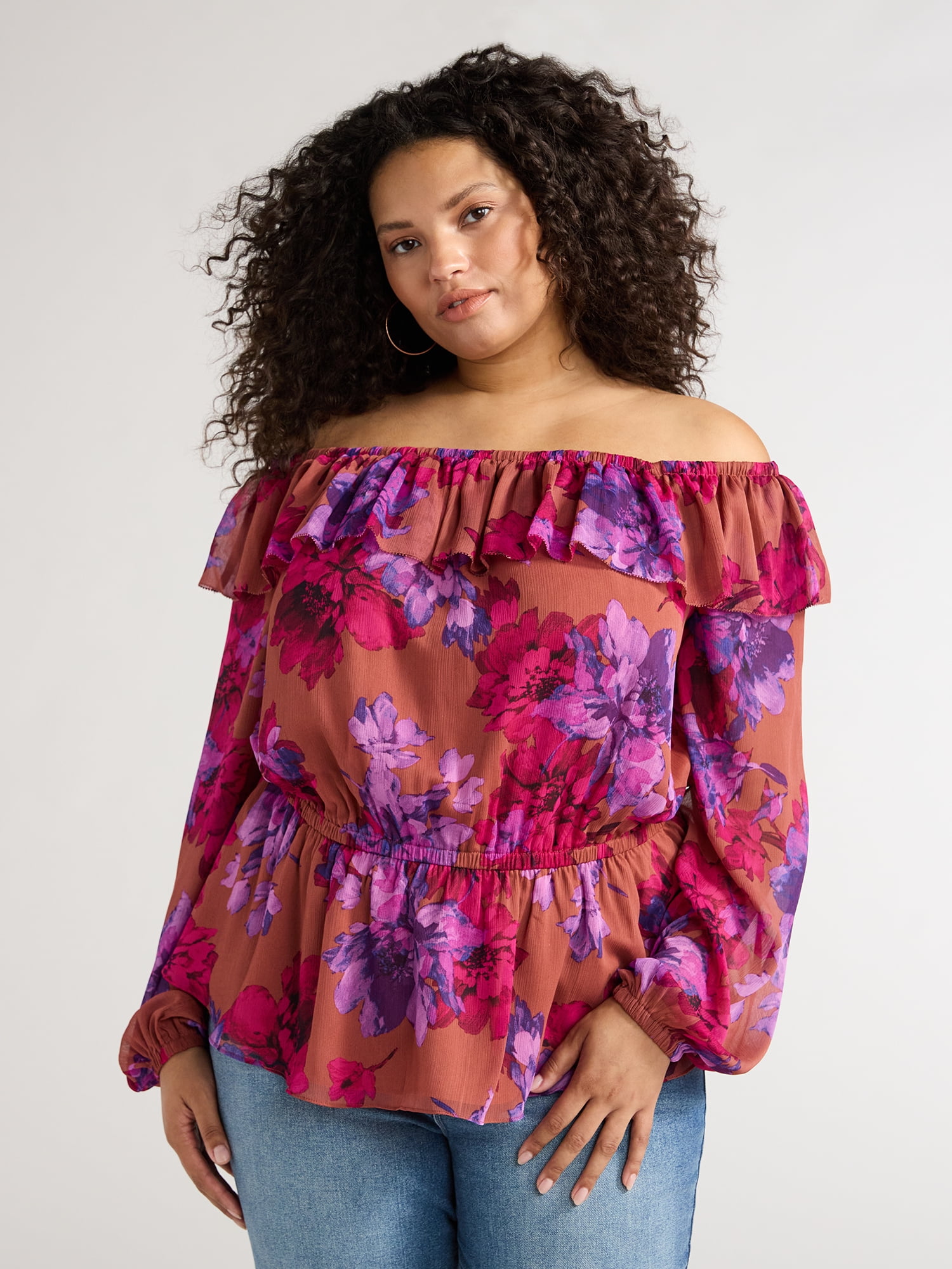 Sofia Jeans Women's and Women's Plus Off Shoulder Top with Long Sleeves ...