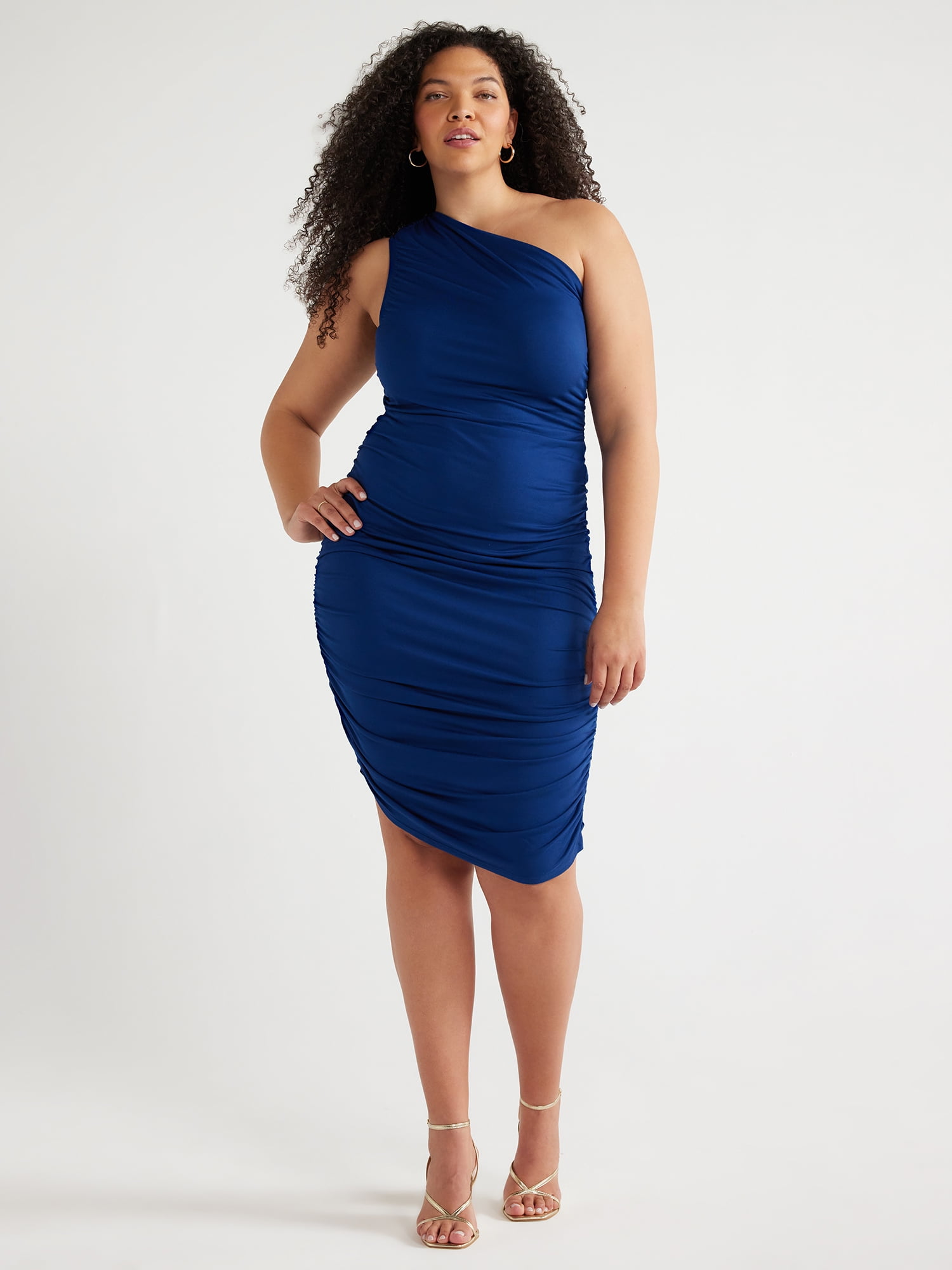 Sofia Jeans Women's Plus Size One Shoulder Dress, Below Knee Length ...