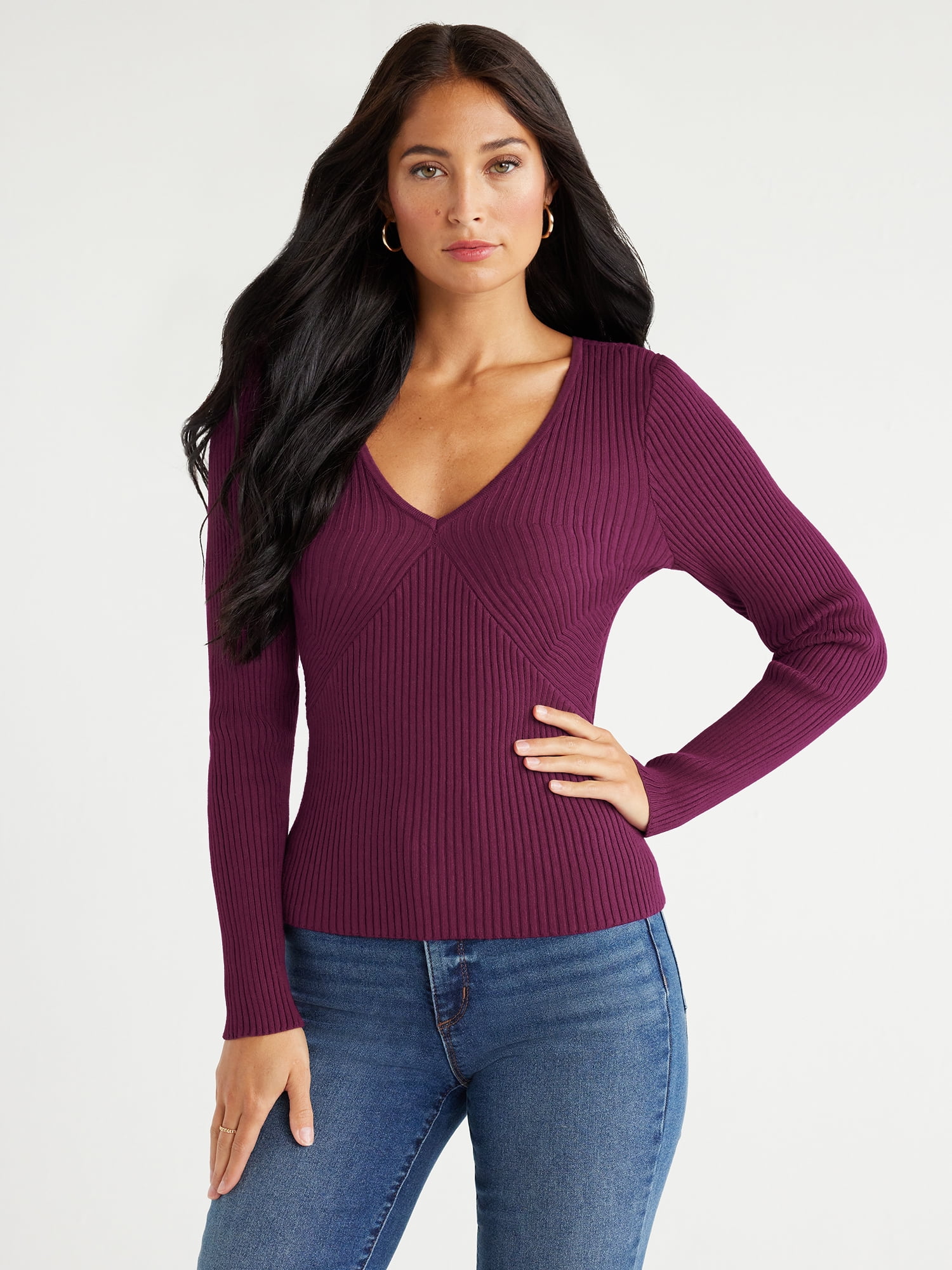 Sofia Jeans Women's Ribbed Sweater with Long Sleeves, Sizes XS-3XL ...