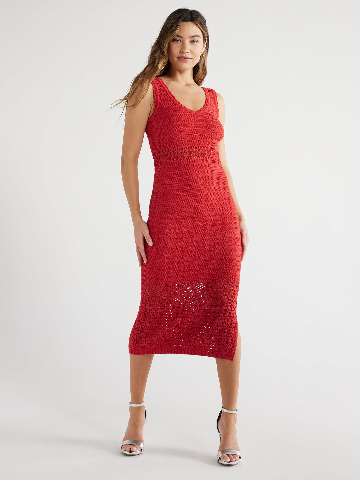 Sofia Jeans Women's Sleeveless V-Neck Crochet Sweater Dress, Mid Calf ...