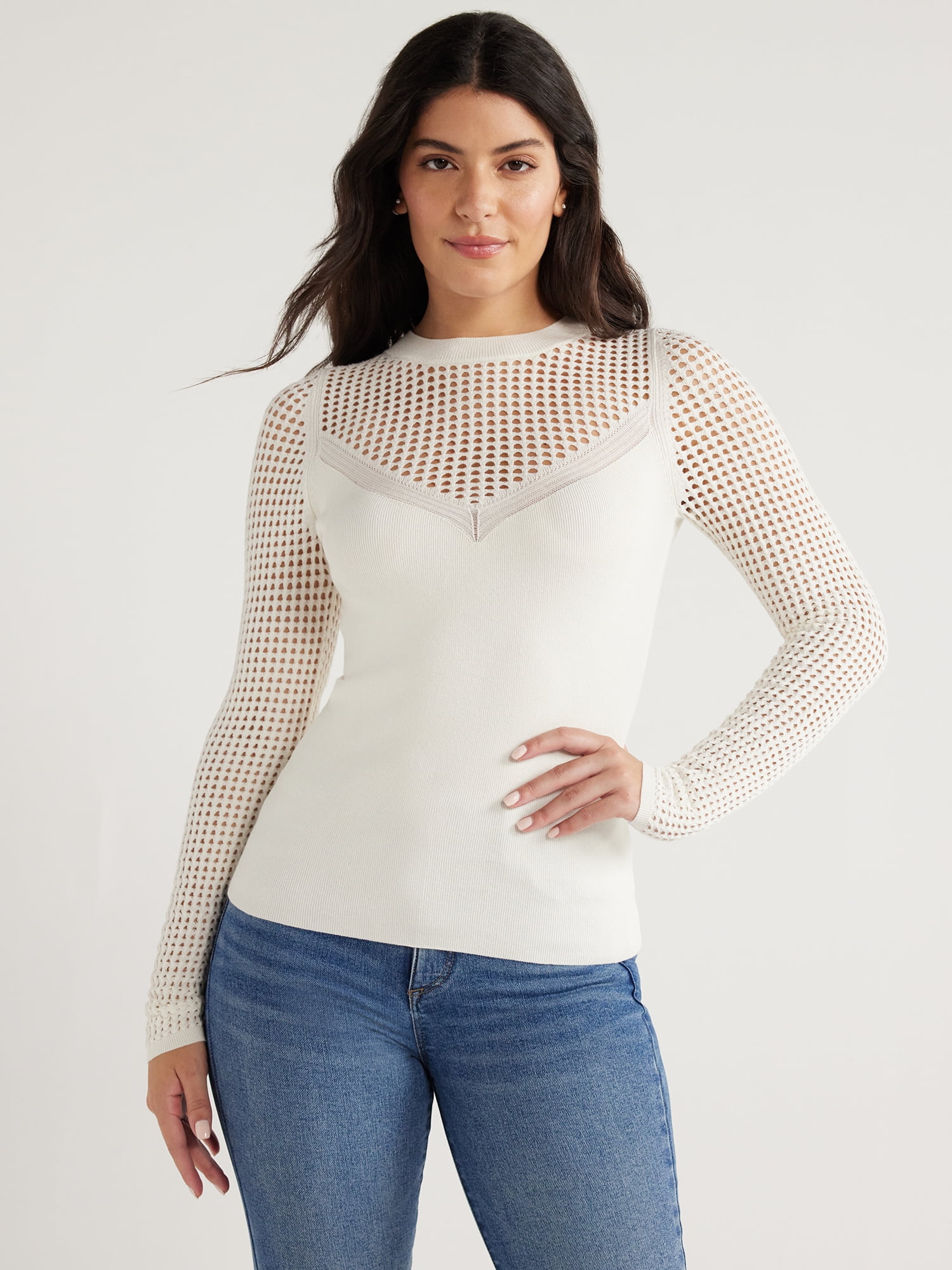 Sofia Jeans Women's V-Neck Mesh Pullover Sweater with Sheer Long ...