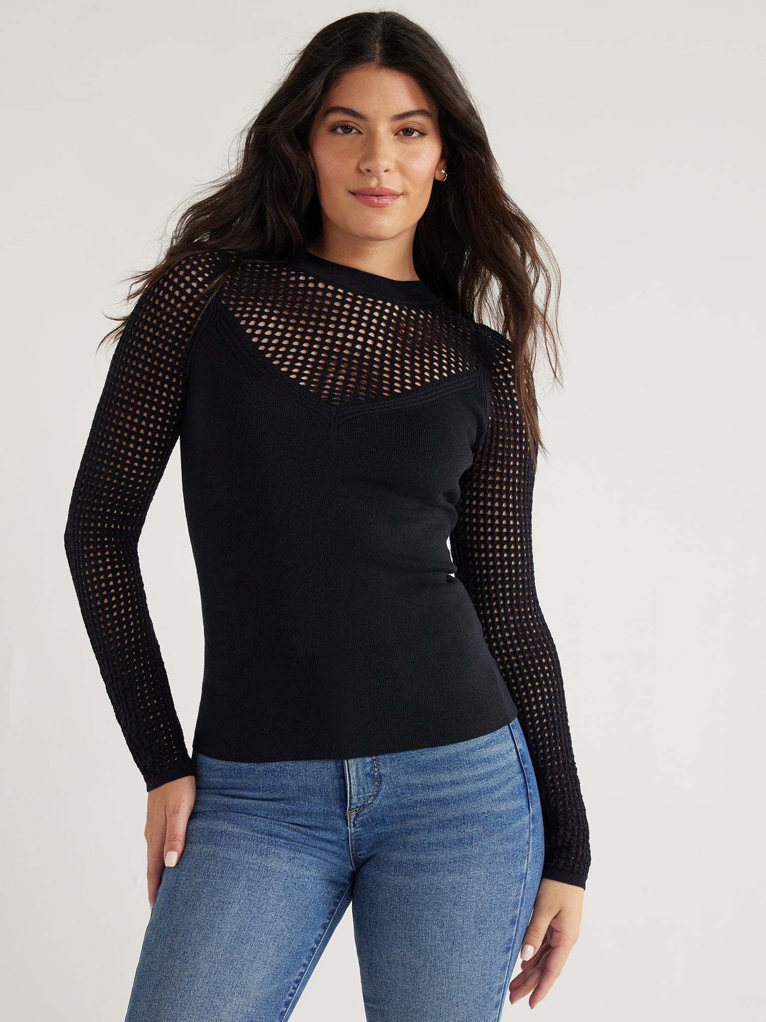 Sofia Jeans Women's V-Neck Mesh Pullover Sweater with Sheer Long Sleeves, Lightweight, Sizes XS ...