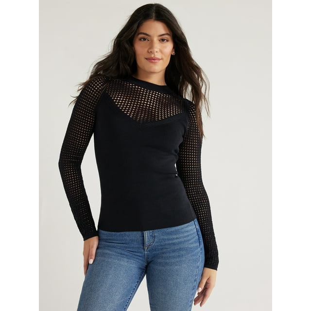 Sofia Jeans Women's V-Neck Mesh Pullover Sweater with Sheer Long ...