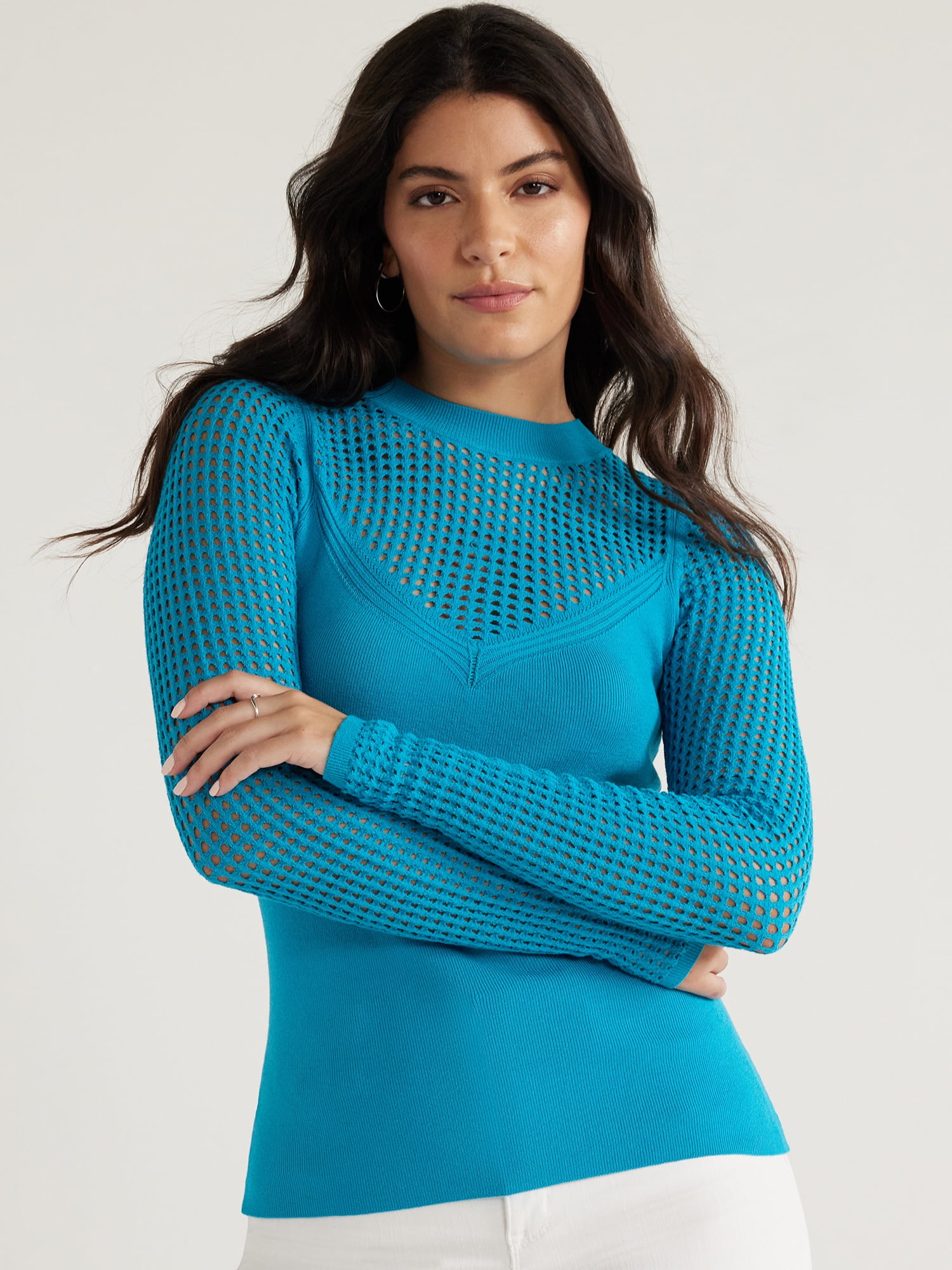 Sofia Jeans Women's V-Neck Mesh Pullover Sweater with Sheer Long ...