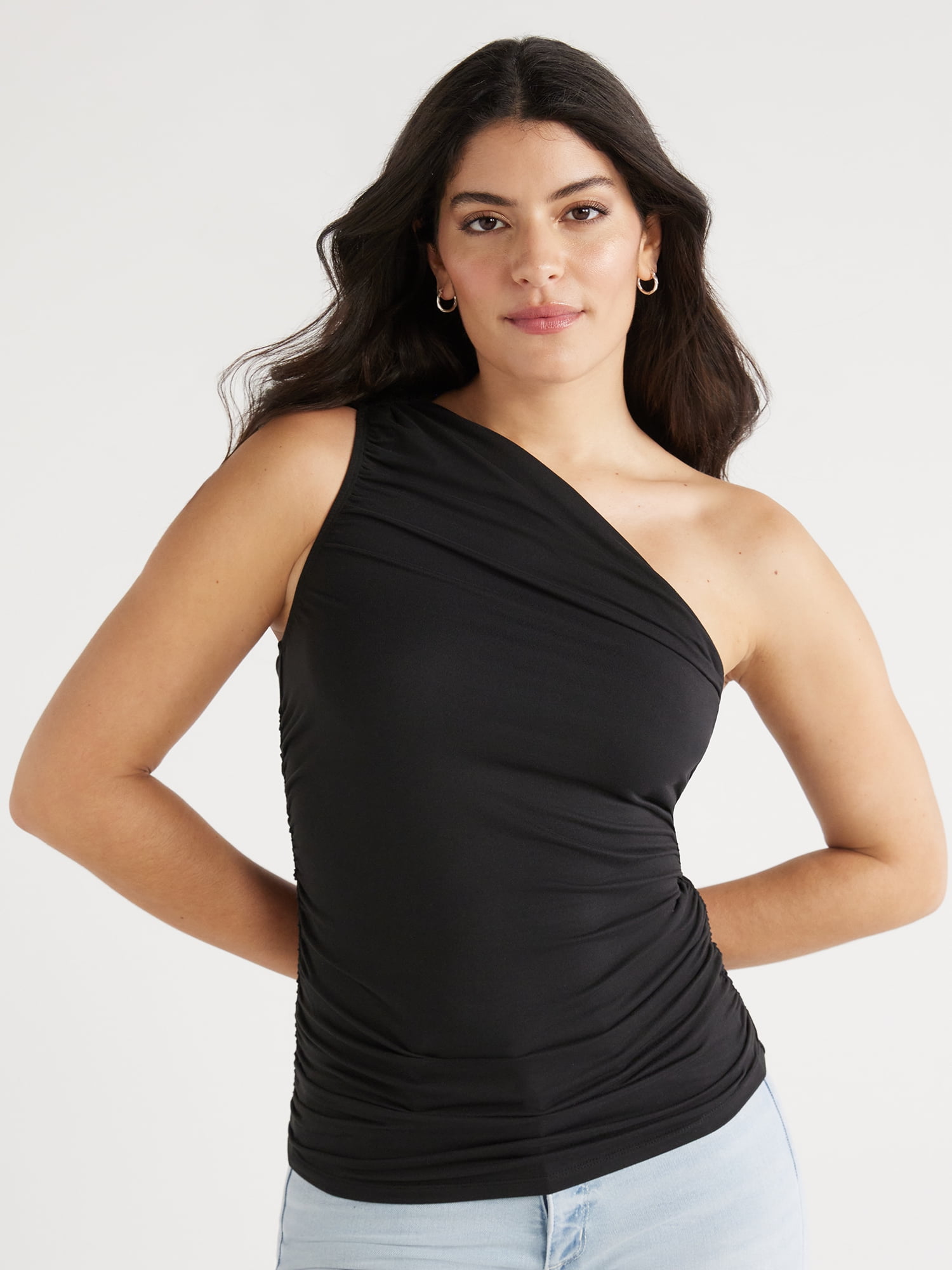 Sofia Jeans Women's and Women's Plus One Shoulder Ruched Top, Sizes XS ...