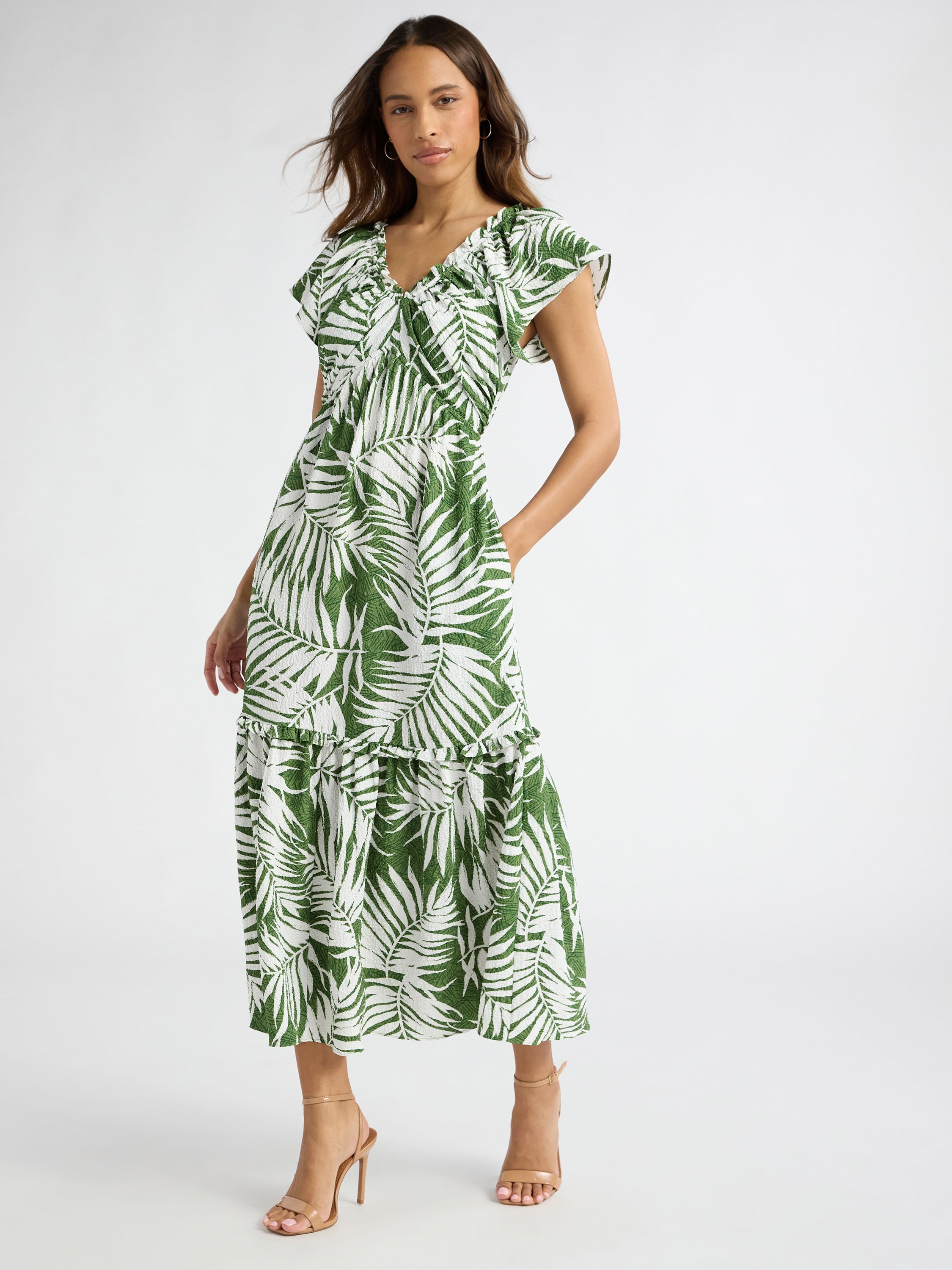 Sofia Jeans Women's and Women's Plus V Neck Dress with Flutter Sleeves, Below Calf Length, Sizes ...