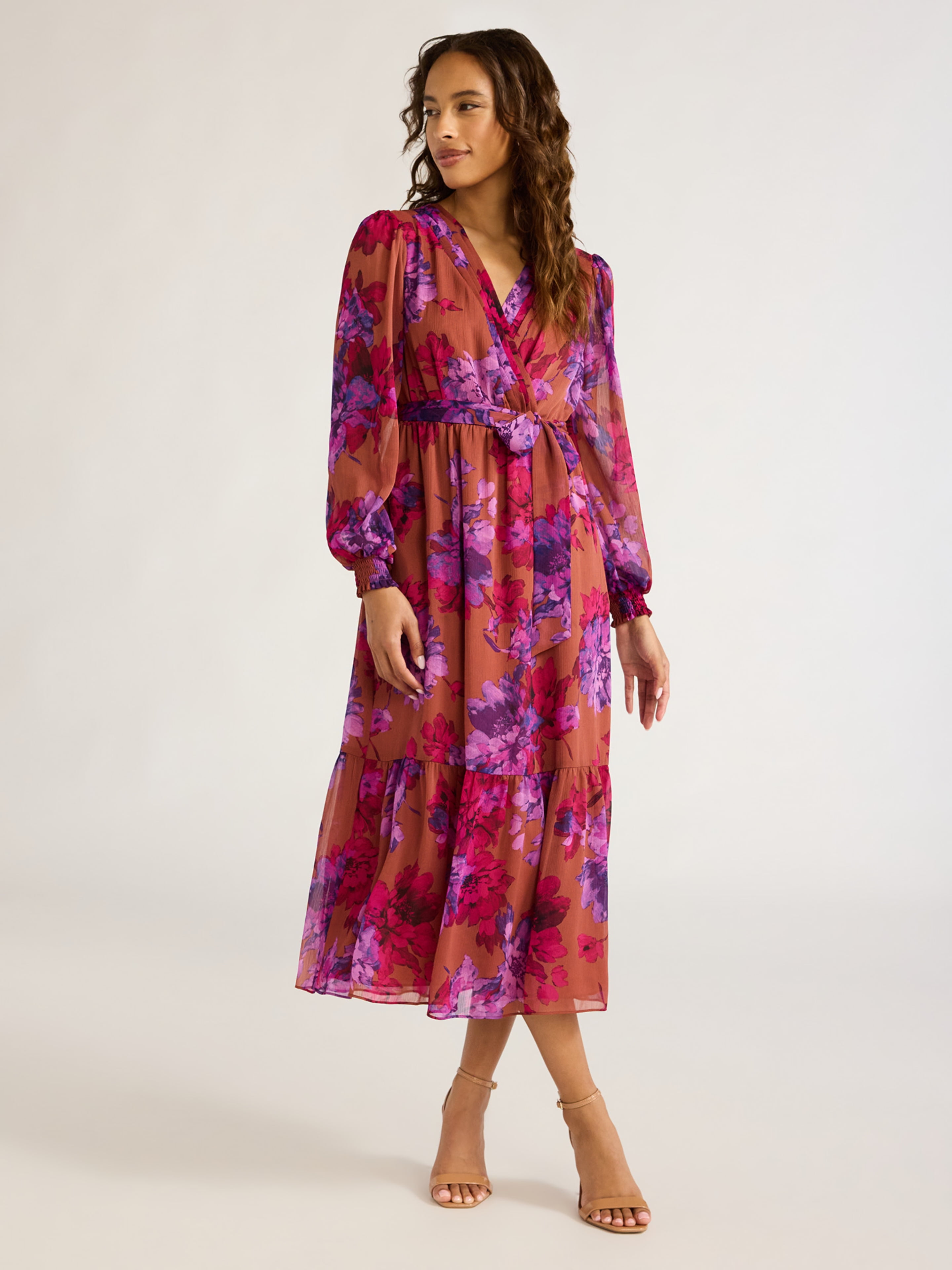 Sofia Jeans Women's Belted Cross Front Maxi Dress with Long Sleeves, Above Ankle Length, Sizes ...