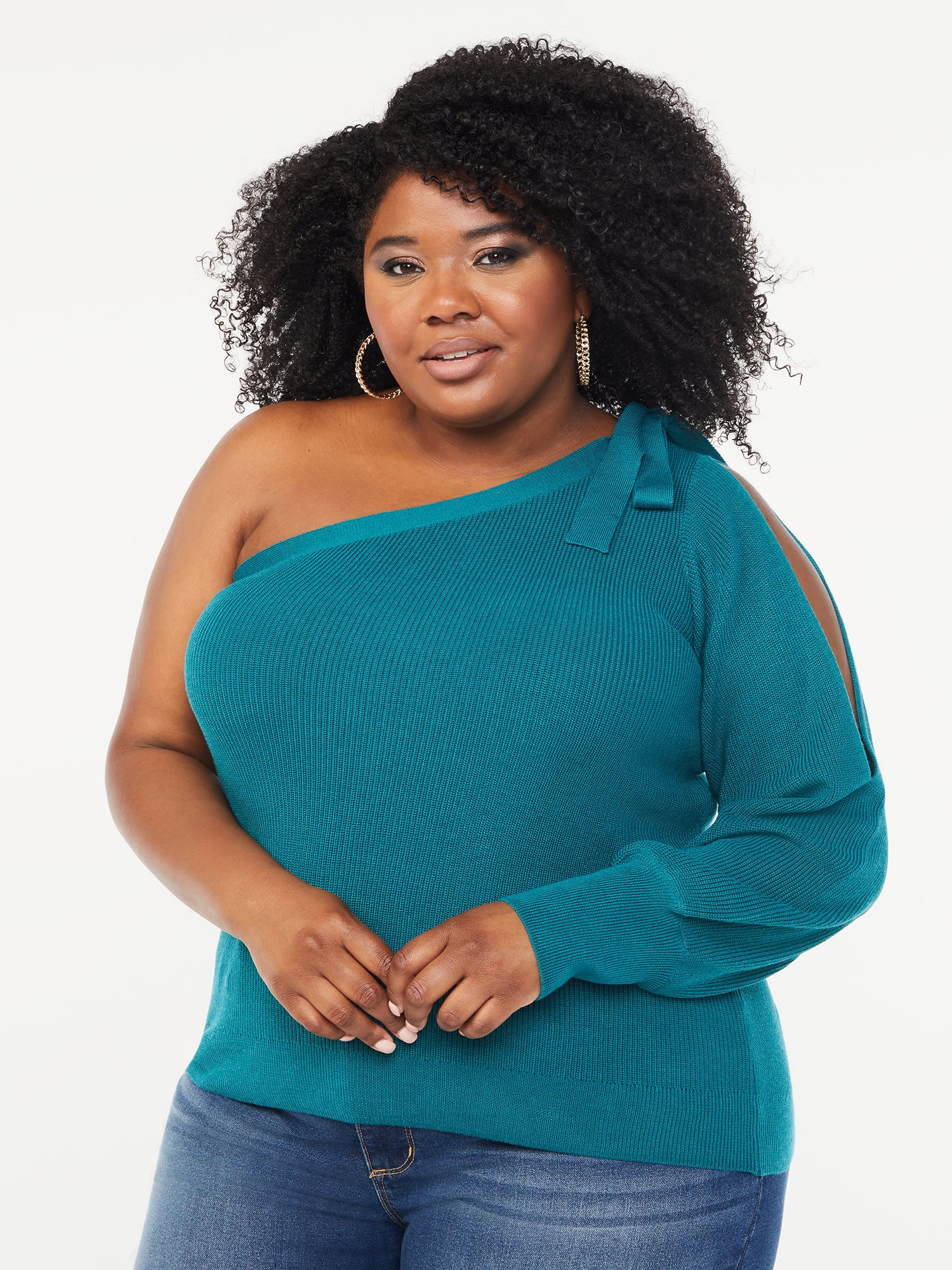 Sofia Jeans by Sofia Vergara Women's Plus Size Exposed Shoulder Pullover with Tie Detail ...