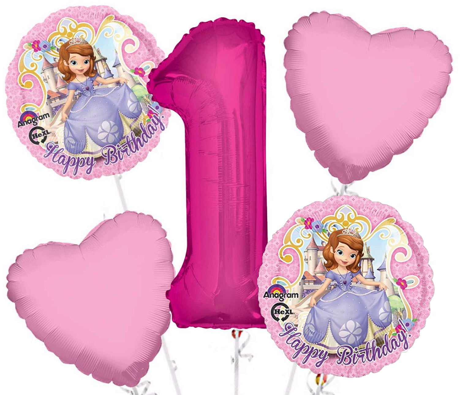 Sofia The First Balloon Bouquet 5 pc, 1st Birthday, Hotpink Number 1 Jumbo Balloon - Walmart.com