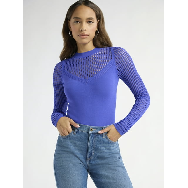 Sofia Jeans Women's V-Neck Mesh Pullover Sweater with Sheer Long ...