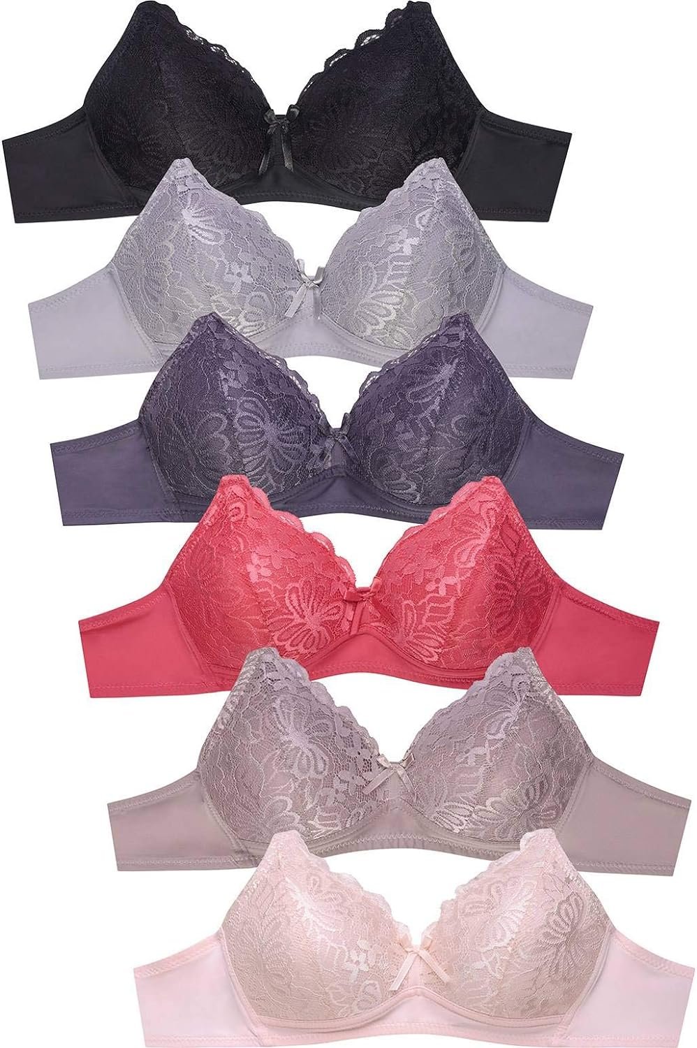 Sofra Women's Full Cup Lace No Wire Bras Pack of 6 - 4431N, 34C ...