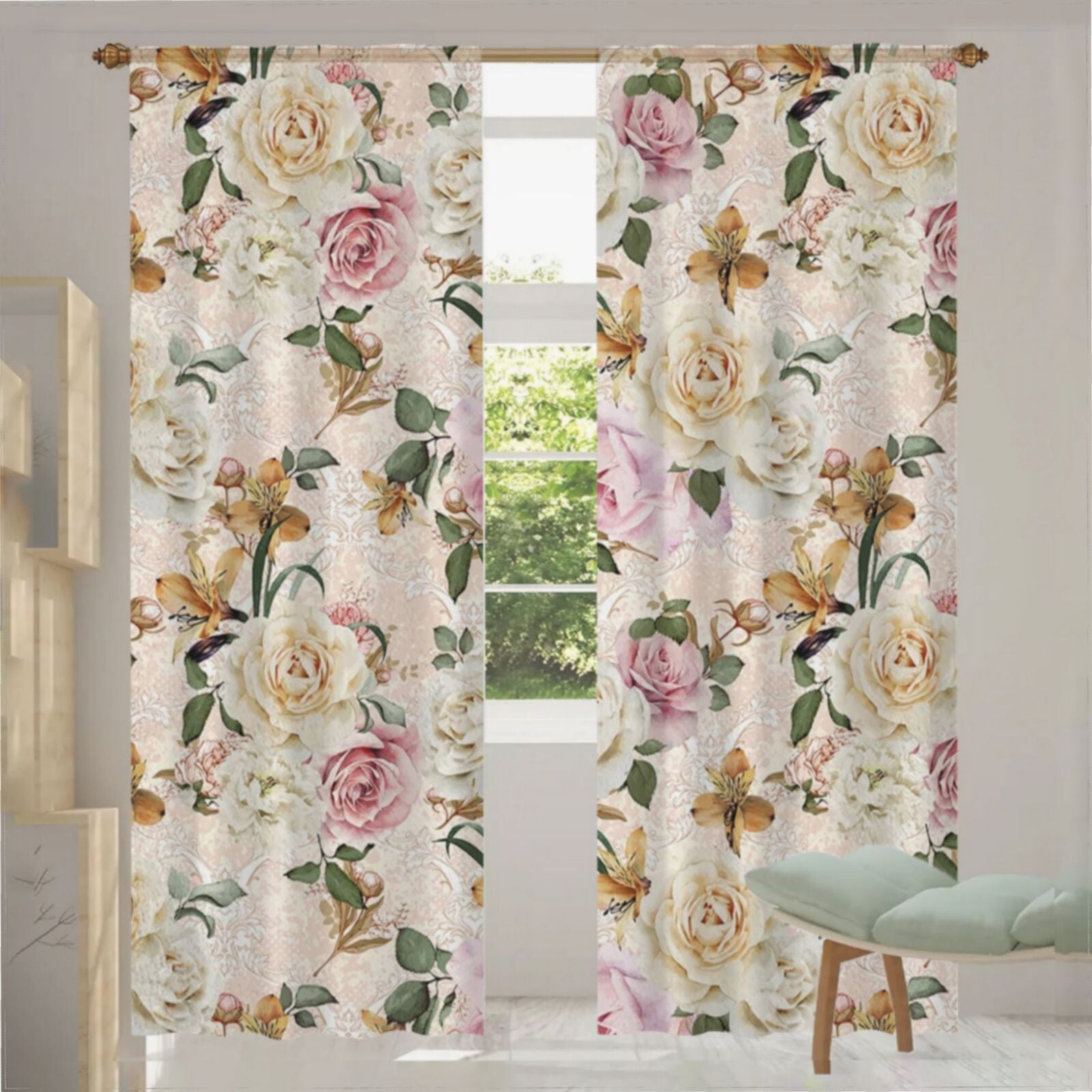 Soft And Easy Watercolor Roses Pattern Window Tulle Curtains for Living ...