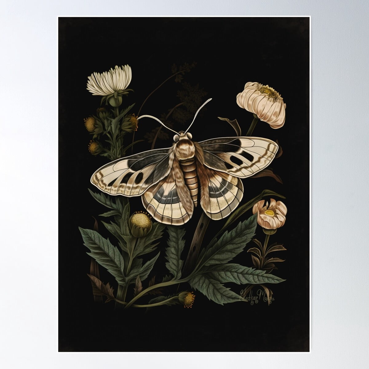 Soft Beige Moth With Ivory Flowers Poster Wall Art, Modern Wall Decor ...