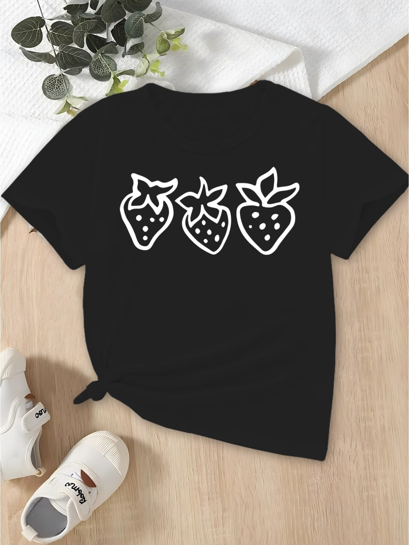 Soft & Breathable Strawberry Print T-Shirt for Girls - Stretchy, Casual ...