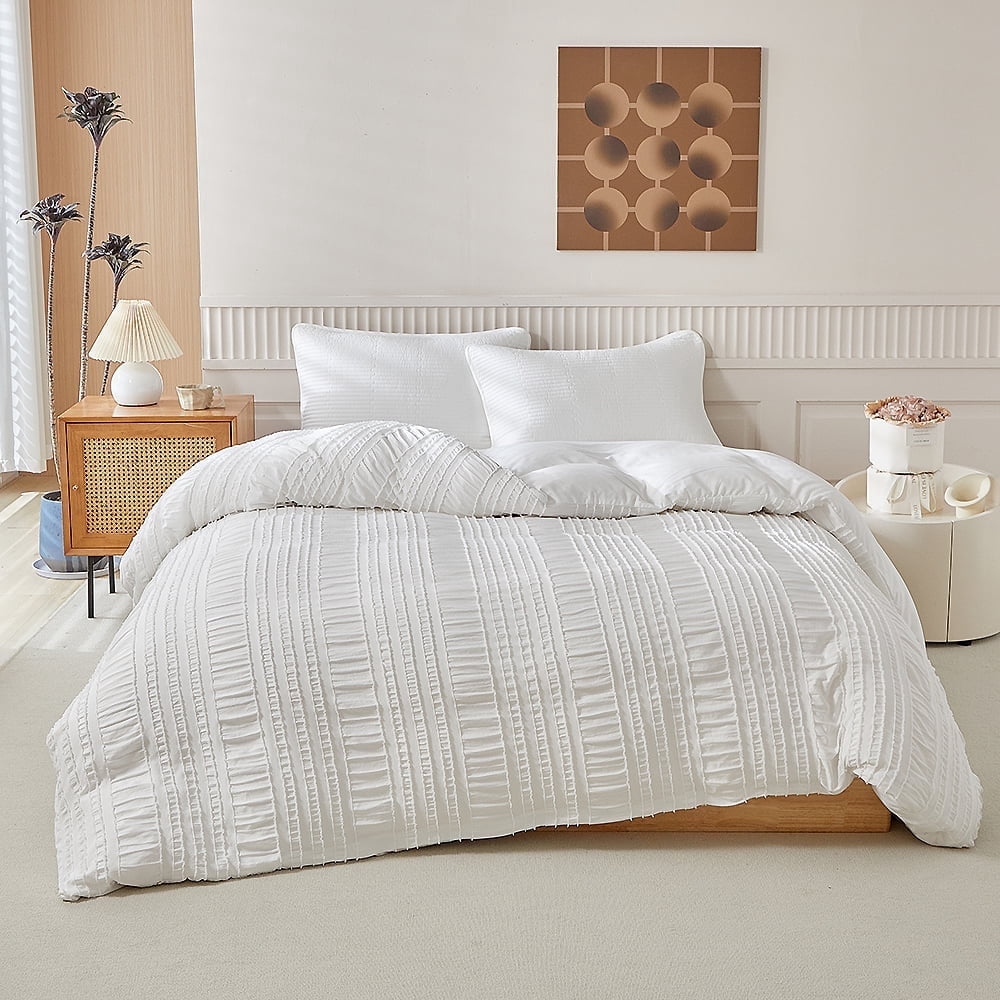 Soft Breathable Striped Textured Duvet Cover Bedding White Queen Size ...