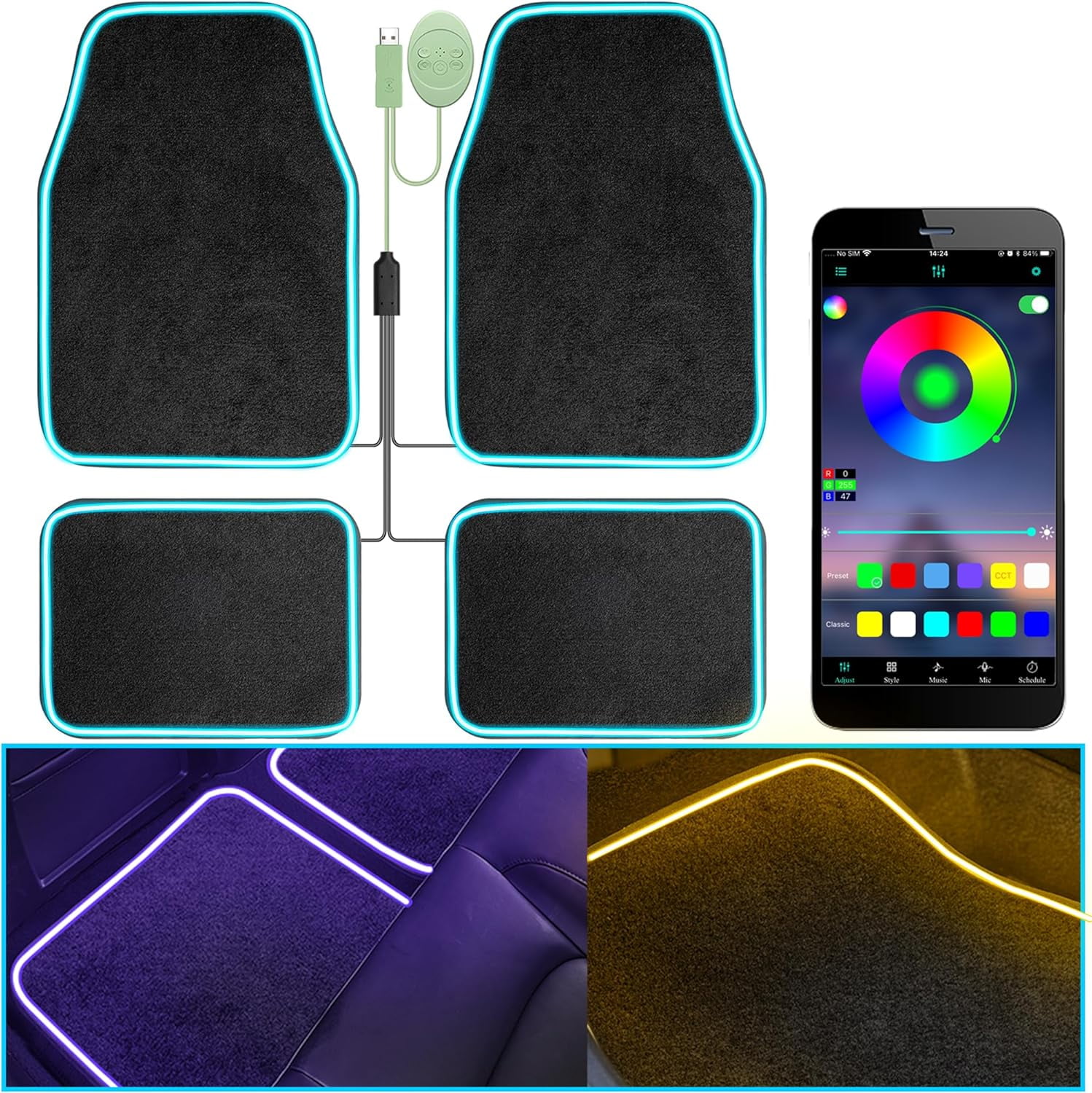 Soft Car Floor Mats With Led Strip Light, App Control Interior Car ...