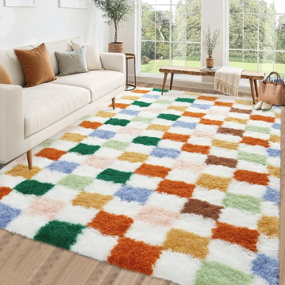 Soft Checkered Area Rug, Fluffy Shag Rug for Bedroom Living Room ...