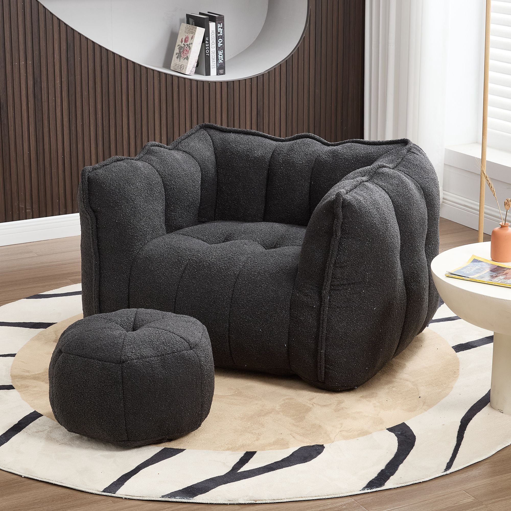 Soft Chenille Bean Bag Chair with Footstool – High-Resilience Foam for ...