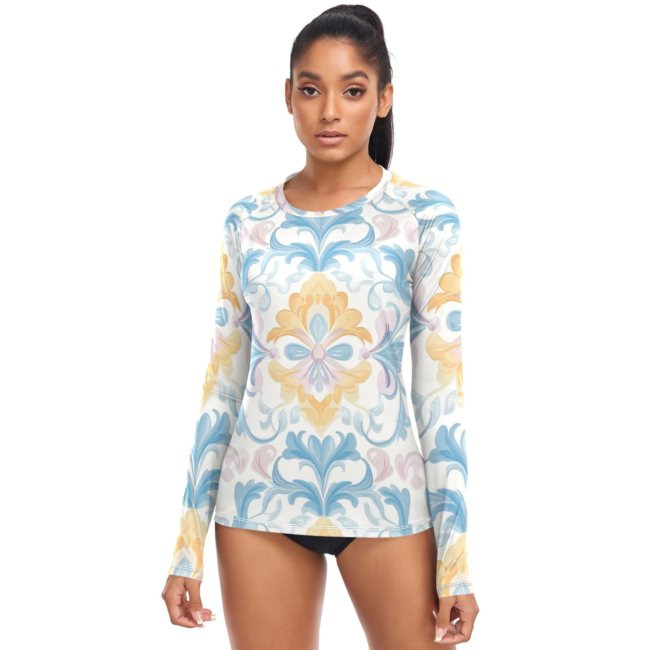 Soft Color Flower Patterns Women's Rash Guard Shirts UPF 50+ Sun Protection Clothing Long Sleeve ...