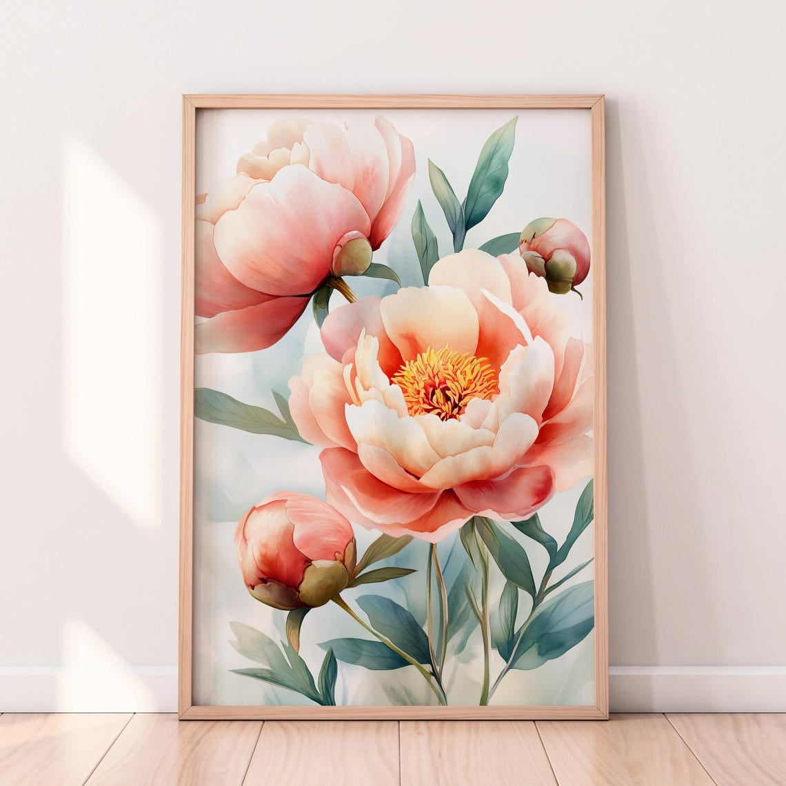 Soft Coral Peony Watercolor Print – Elegant Botanical Poster, Romantic ...