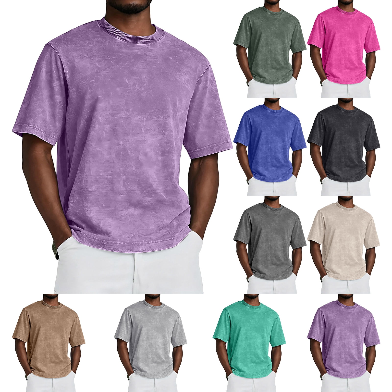 Soft Cotton Vintage Wash Mens Crew Neck Tee Oversized Palm Sunset ...
