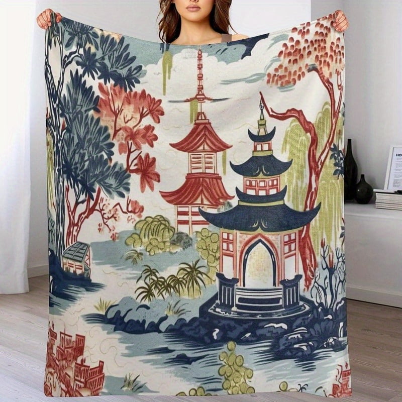 Soft Cozy Asian Style Flannel Blanket with Chinoiserie Pagoda Design in ...