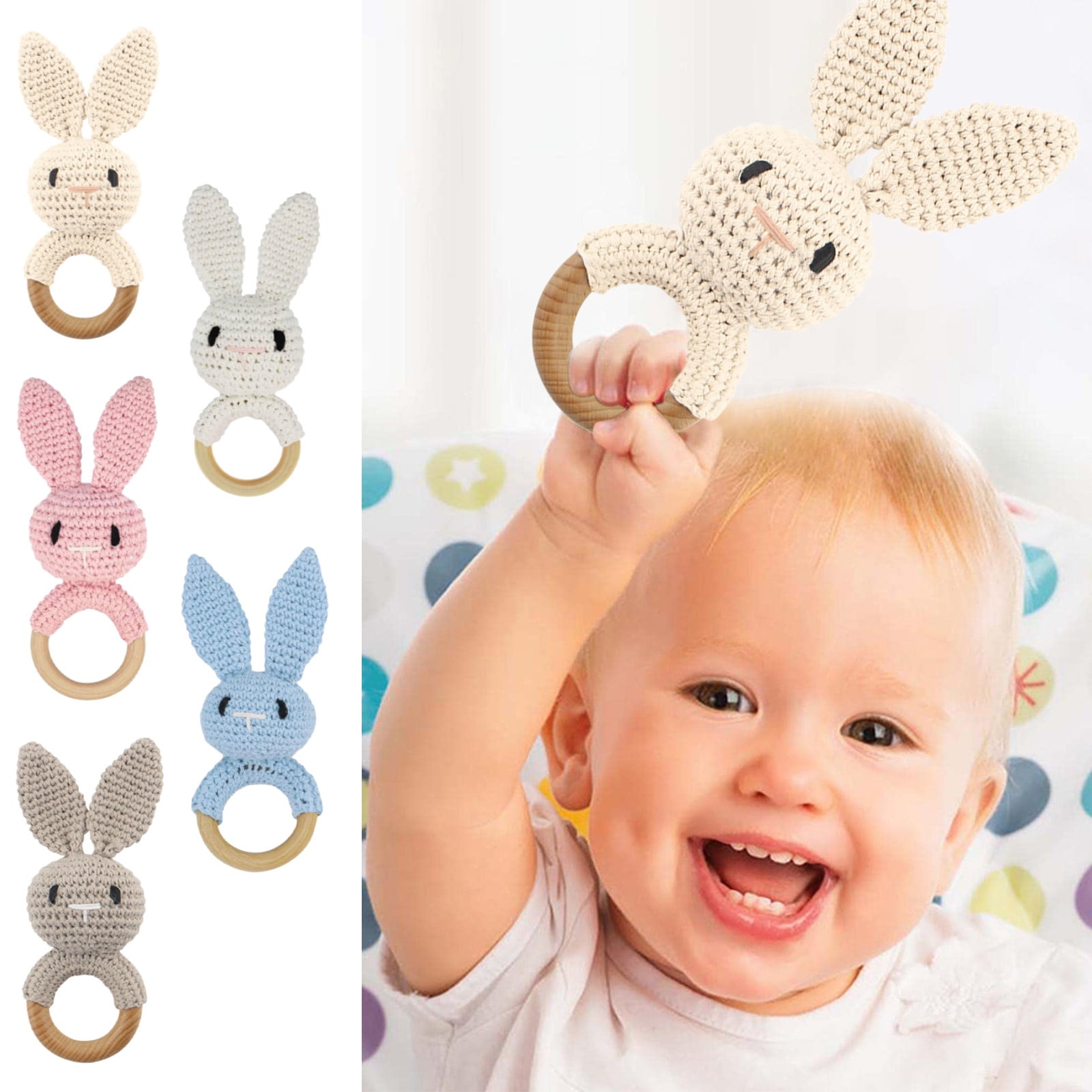 Soft Crochet Baby Rattle Teether Toy - Natural Wooden Teething Aid for ...