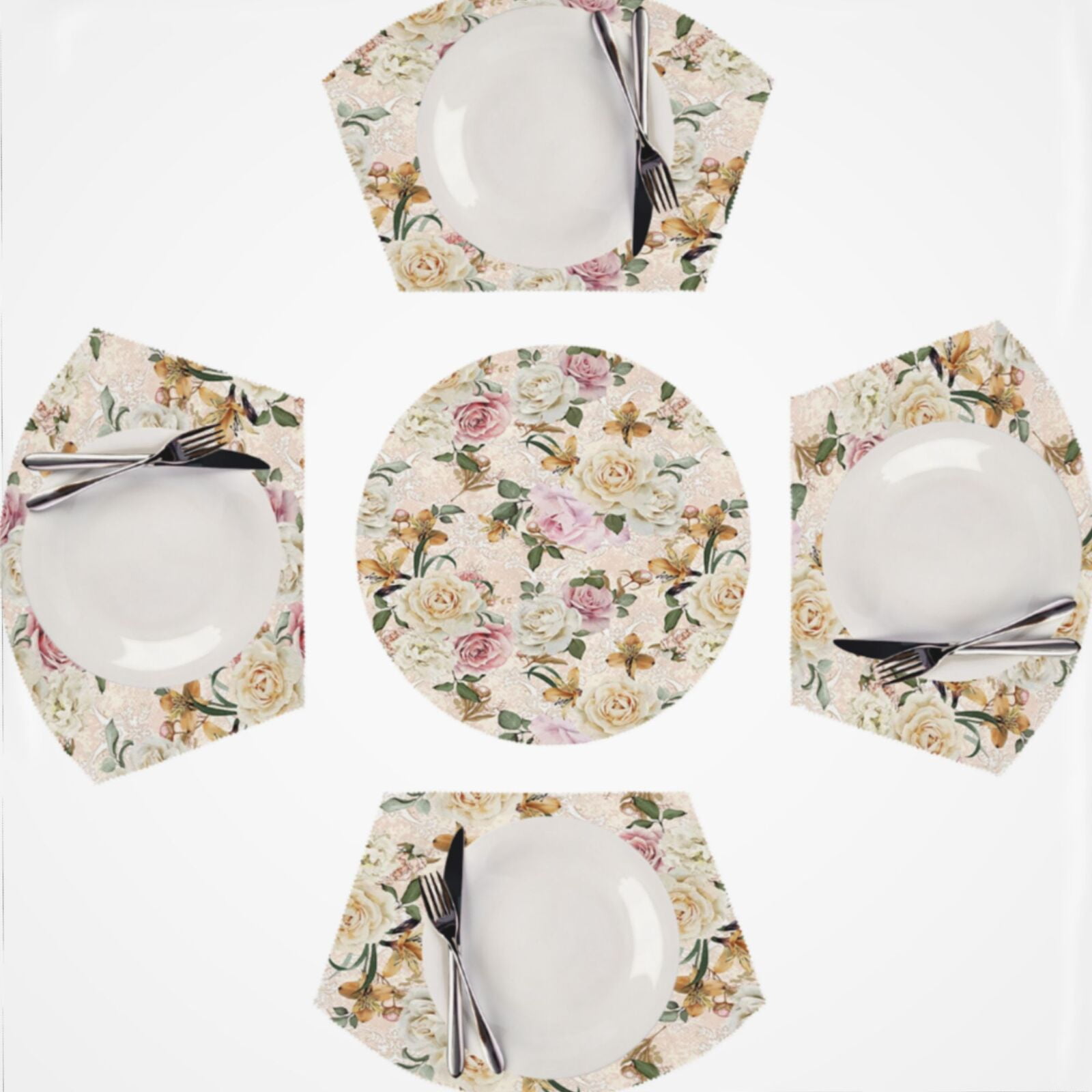 Soft And Easy Watercolor Roses Pattern Round Table Placemats Set Of 5 Wedge Table Mats Washable ...