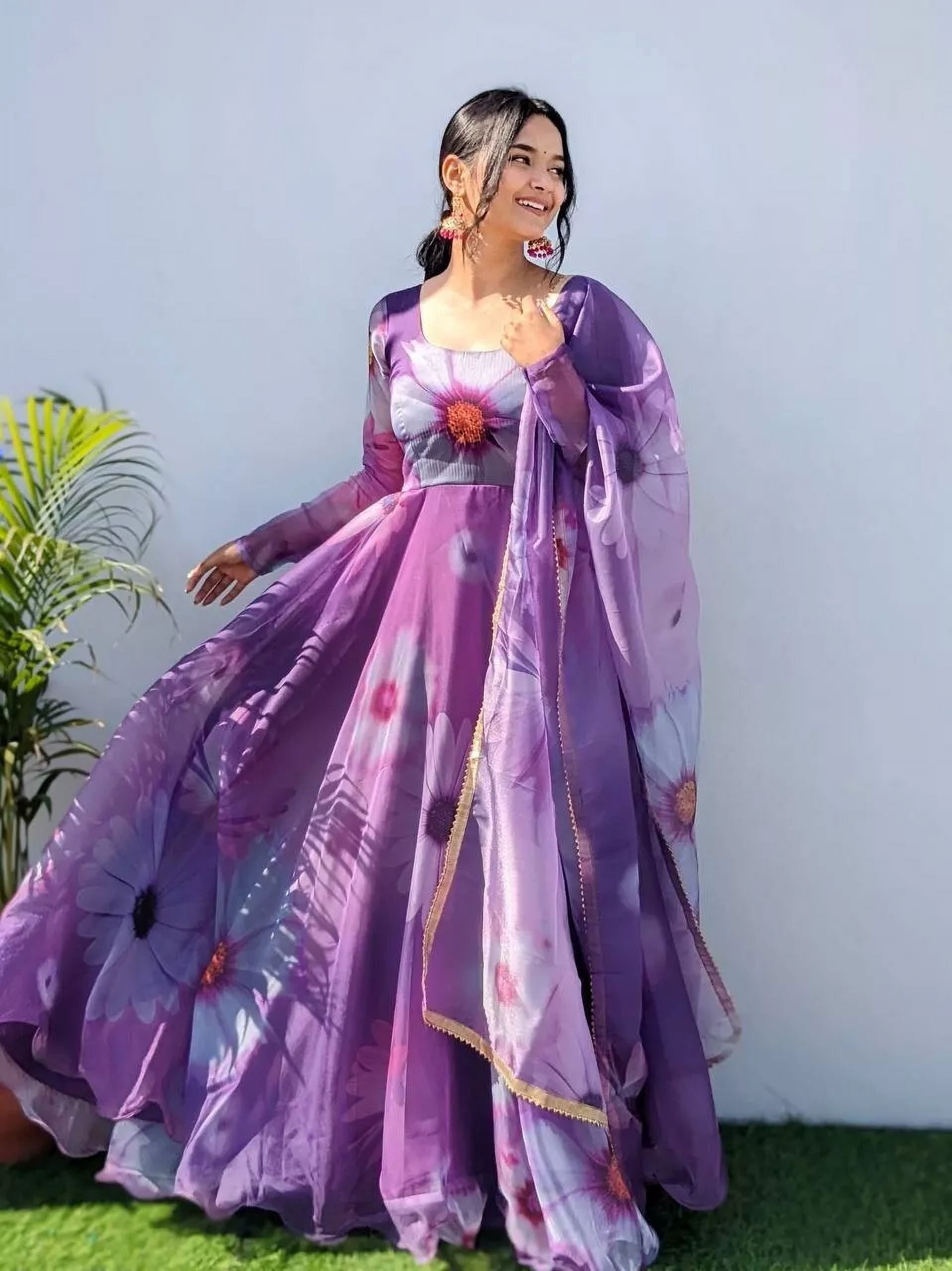 Soft Fabric Floral Printed Gown Set With Full Sleeves For Womens Party ...