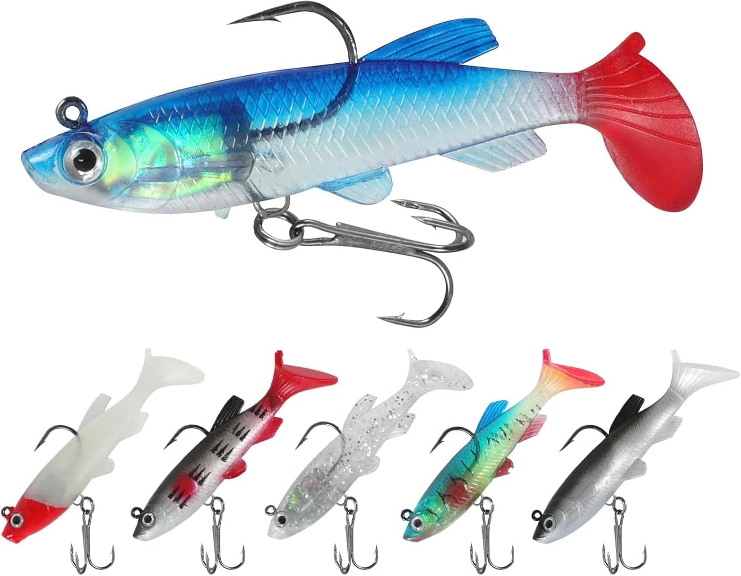 Soft Fishing Lures 6Pcs Pre-Rigged Jig Head Paddle Tail Soft Plastic ...