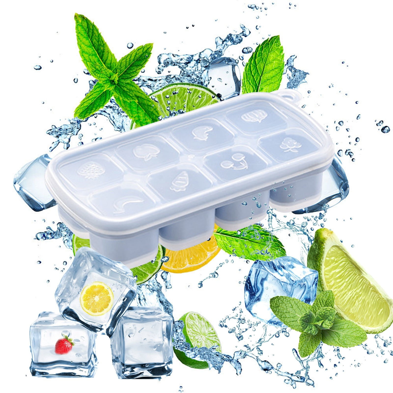 Soft Flexible TPE Ice Cube Tray with Lid - 8 Compartment Homemade Ice ...