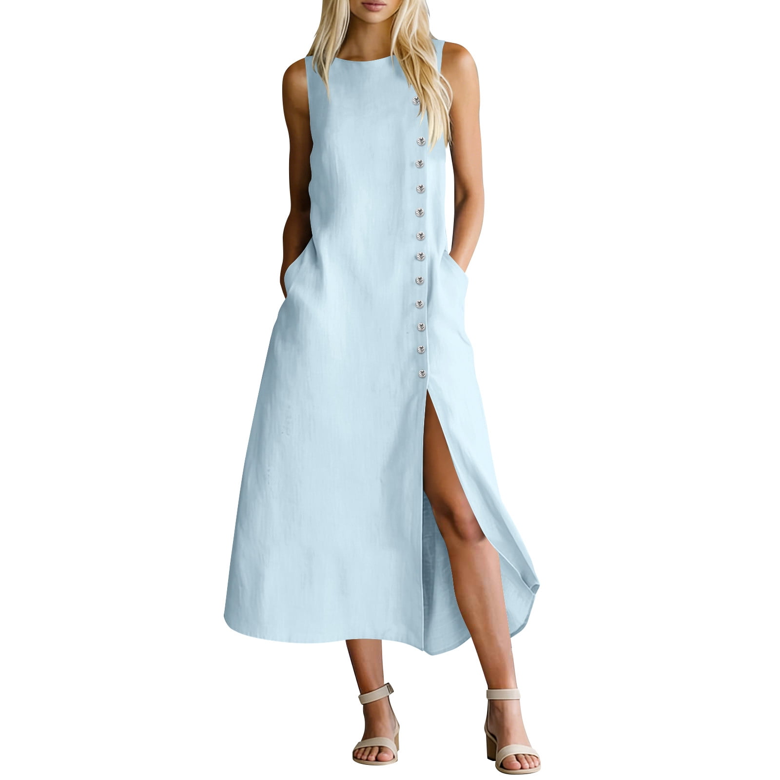 Soft Front Split Maxi Dress for Women Button Loose Beach Travel ...