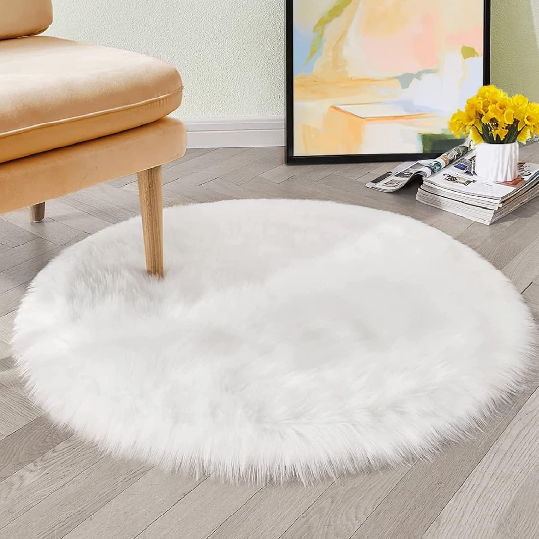 Soft Fur Area Rugs White Round Diameter 2.8x2.8ft Shaggy Rug Circle ...