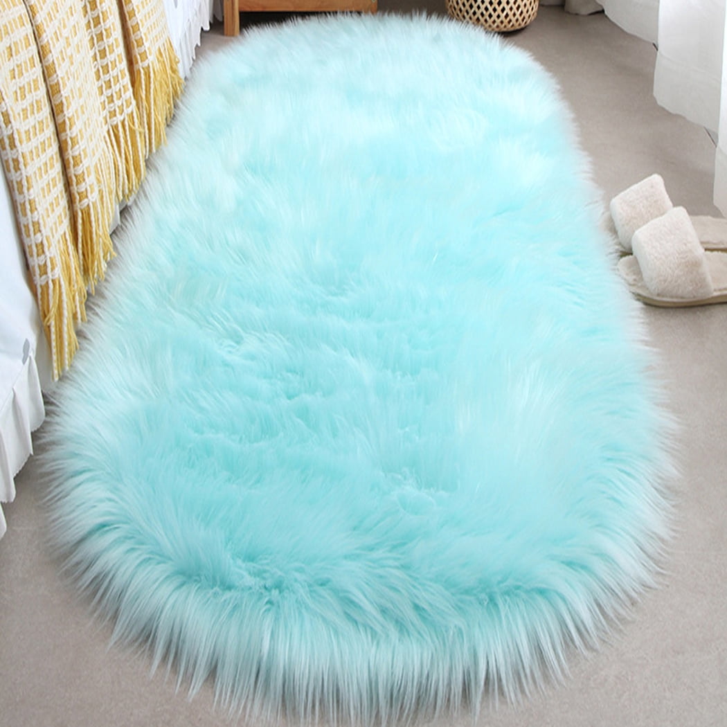 Soft Fur Plush Area Rugs Oval 2 x 4ft Modern Decor Shaggy Light Blue ...