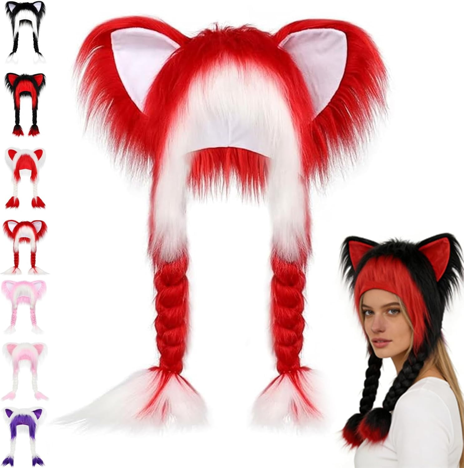 Soft Furry Animal Ear Hat With Braids, Cat Ear Hat with Braids, Soft ...