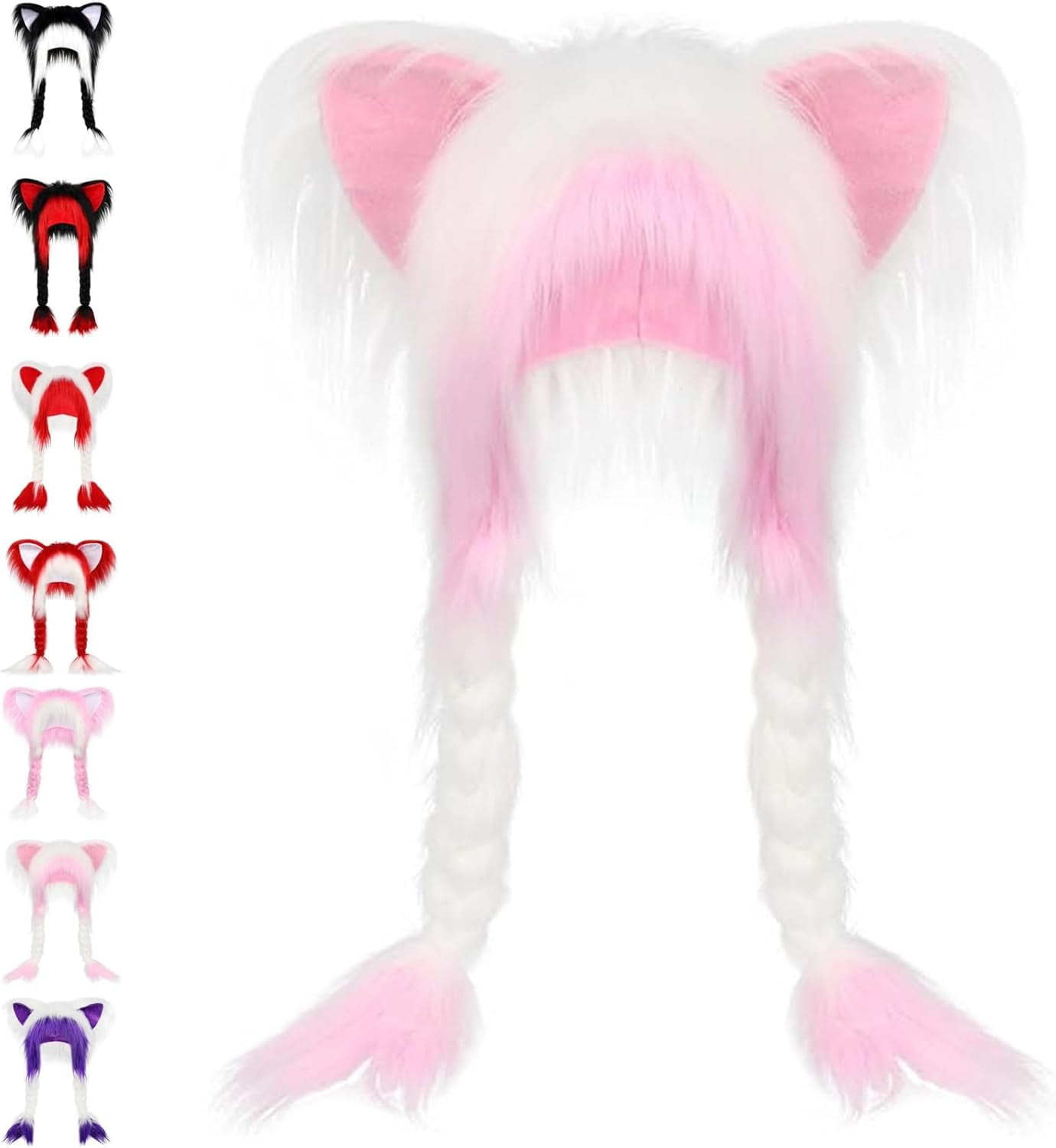 Soft Furry Animal Ear Hat With Braids, Cat Ear Hat with Braids, Soft ...