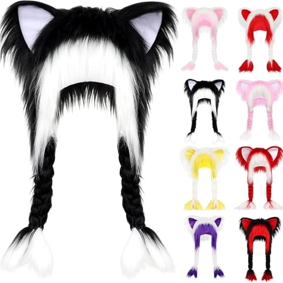 Soft Furry Animal Ear Hat with Braids,Cos Winter Party Cute Animal ...