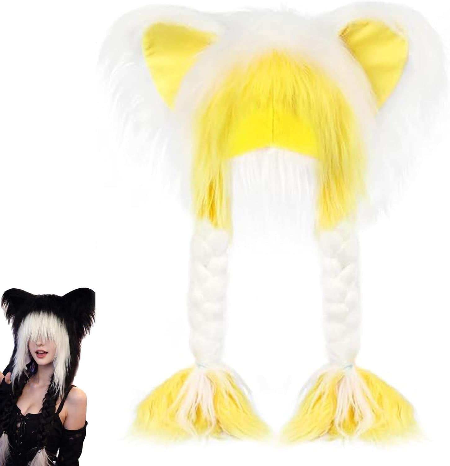 Soft Furry Animal Ear Hat with Braids for for Cosplay & Winter Party ...