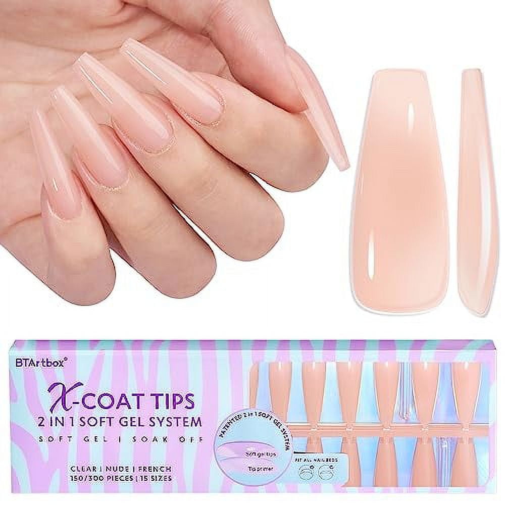 Soft Gel Coffin Nails Tips - BTArtbox Long Press on Nails 2 in 1 Neutral X-coat Tips 150PCS, Pre ...