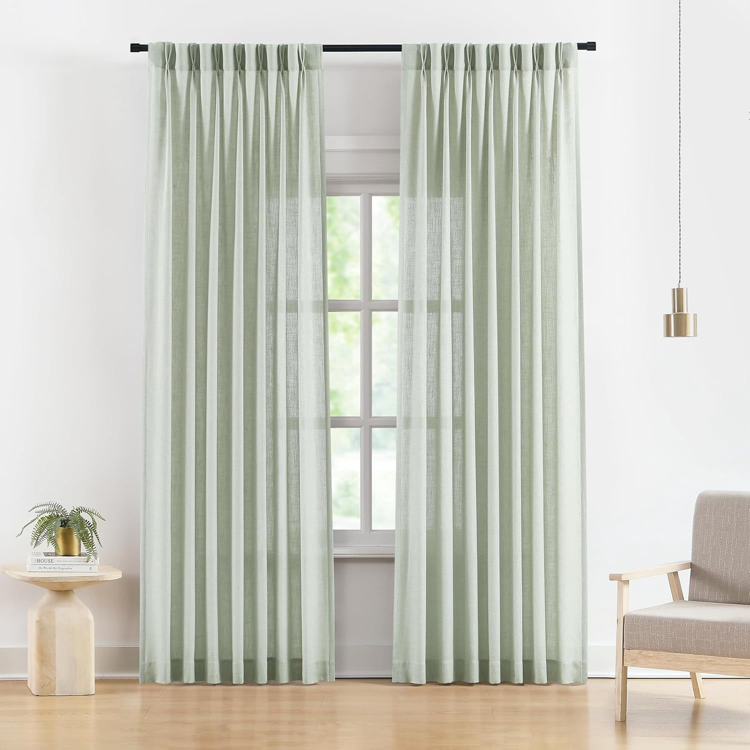 Soft Green Pinch Pleated Semi Sheer Curtains Textured Linen Blended ...